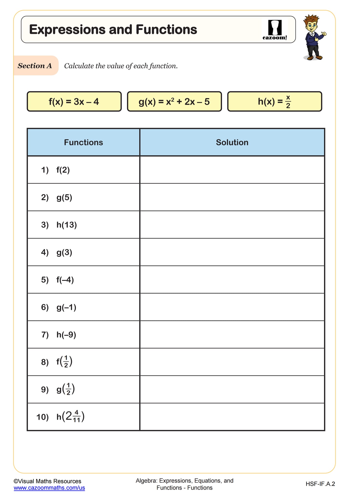 Expressions and Functions Worksheet | Algebra I PDF Worksheets