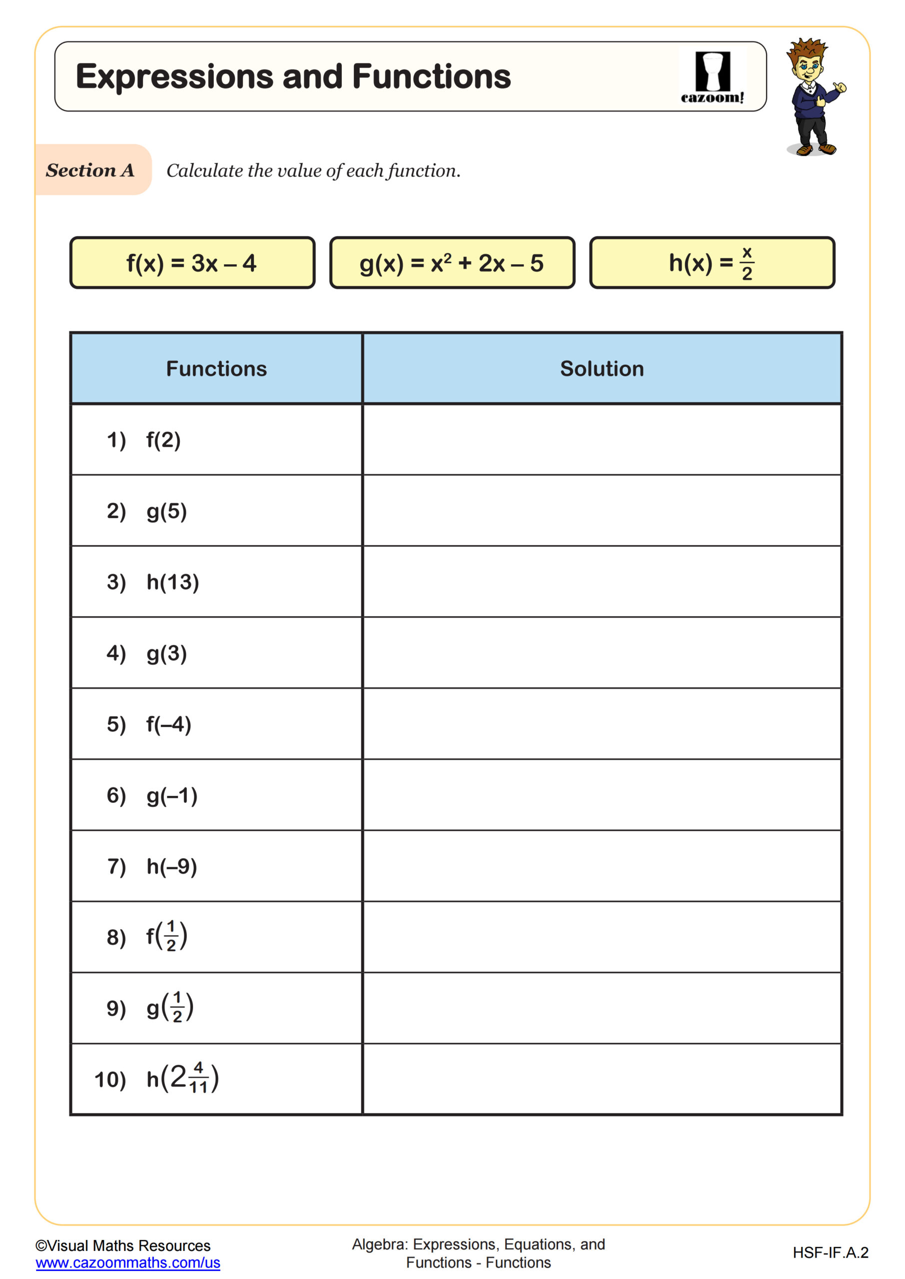 Algebra I Functions Worksheets | PDF Printable | Cazoom Math