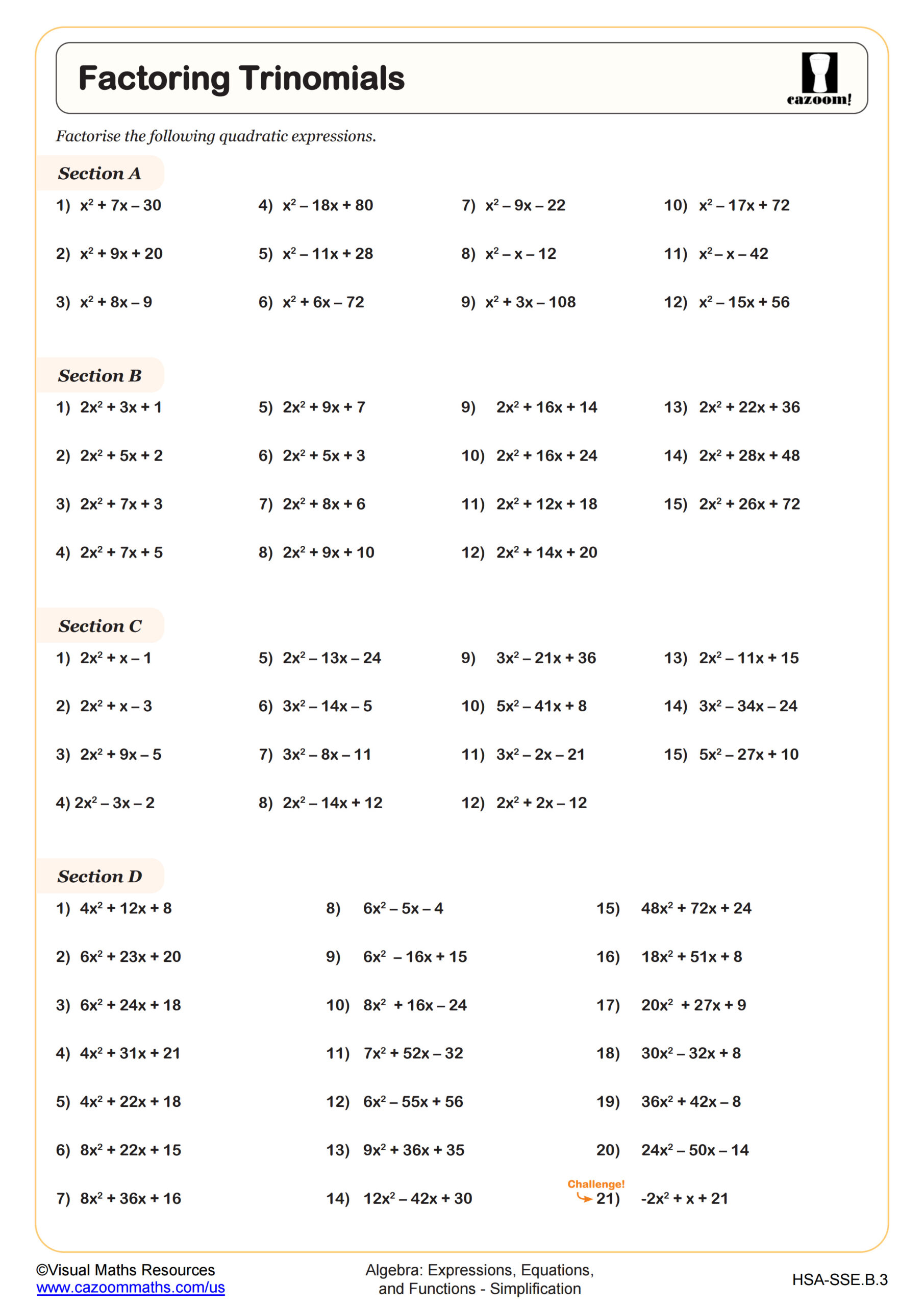 Factoring: Difference of Two Squares Worksheet | Algebra I PDF ...