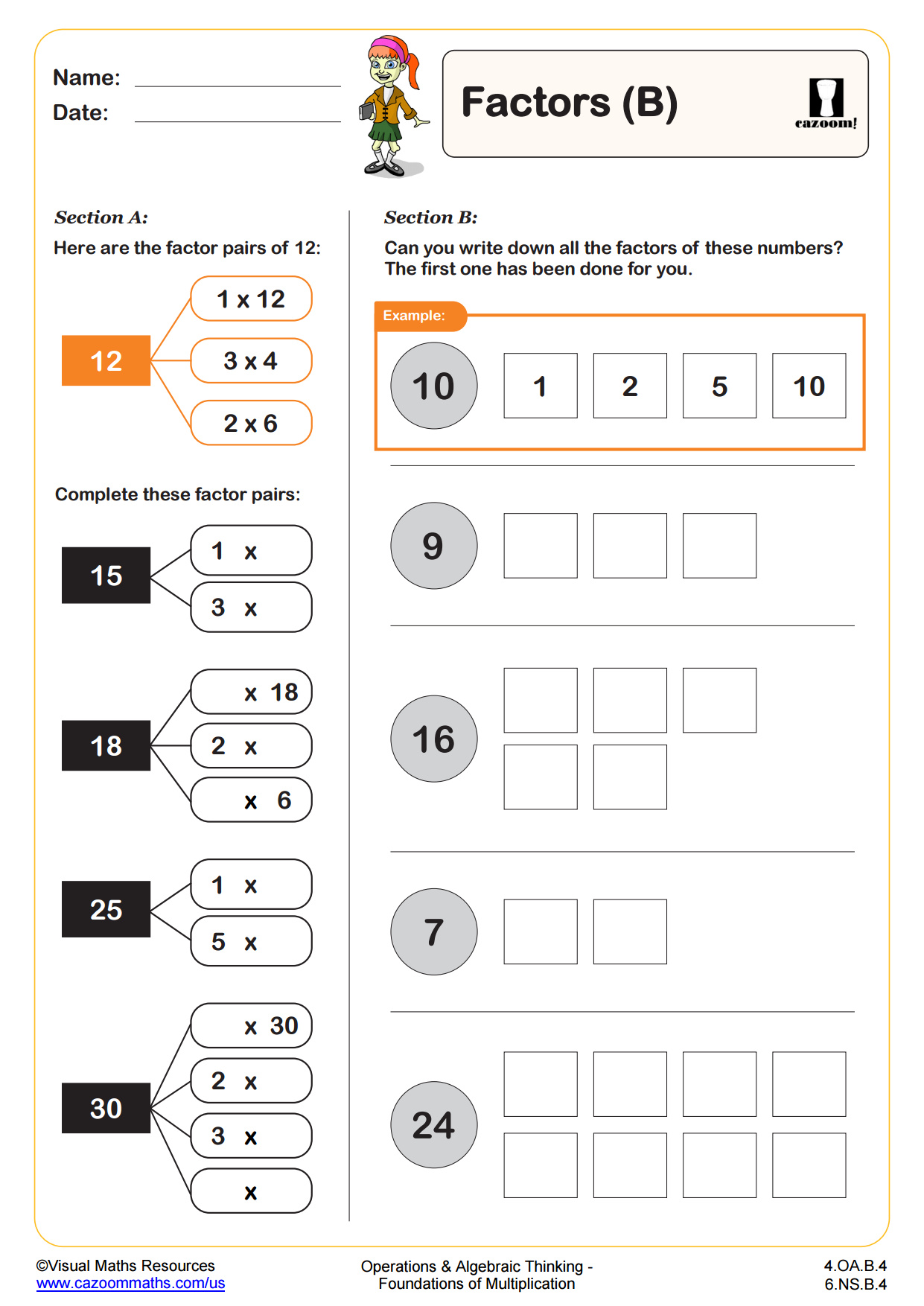 Factors (B) | Fun and Engaging 4th Grade PDF Worksheets | Cazoom Math