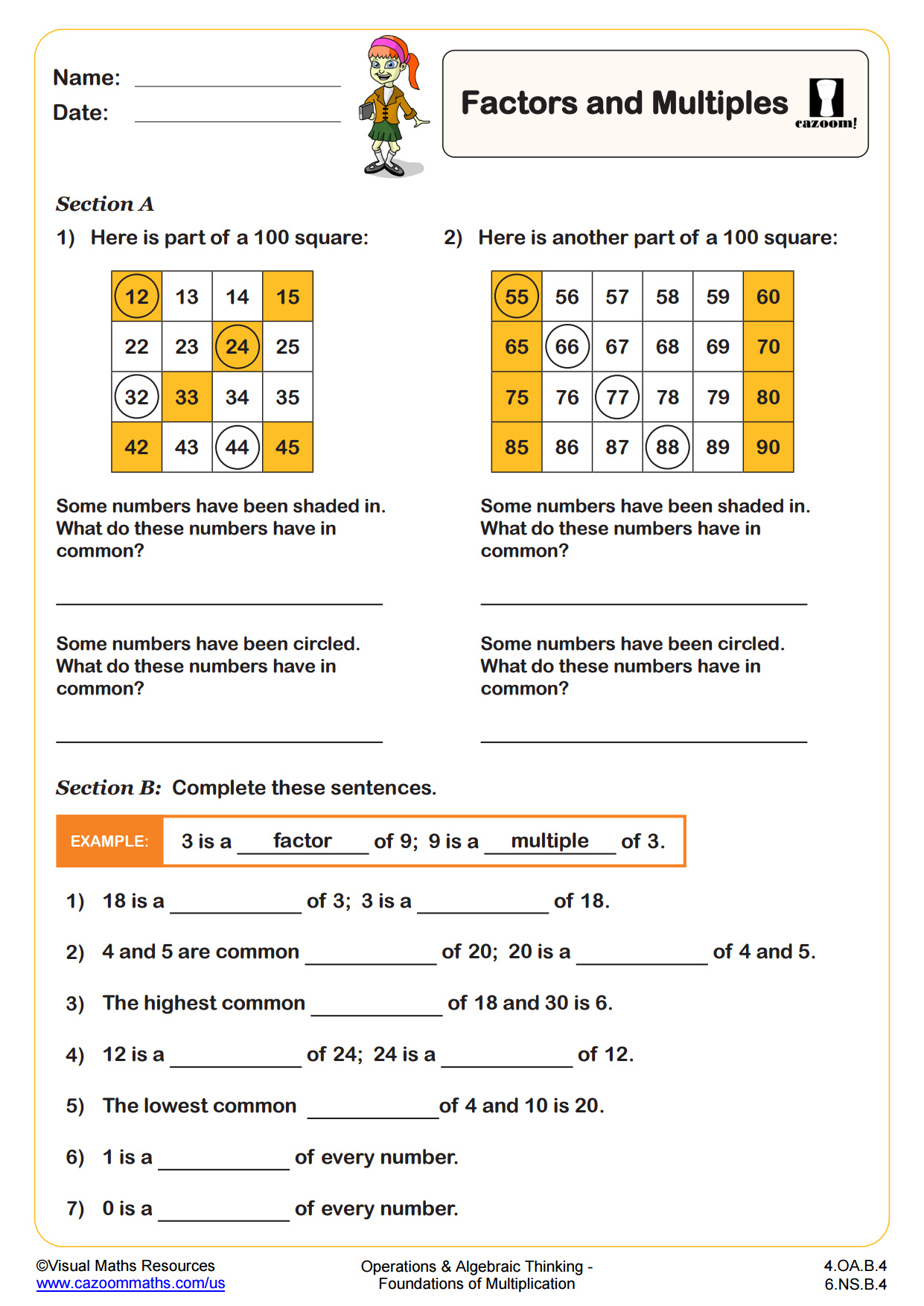 Factors and Multiples Worksheet | PDF printable Operations and ...