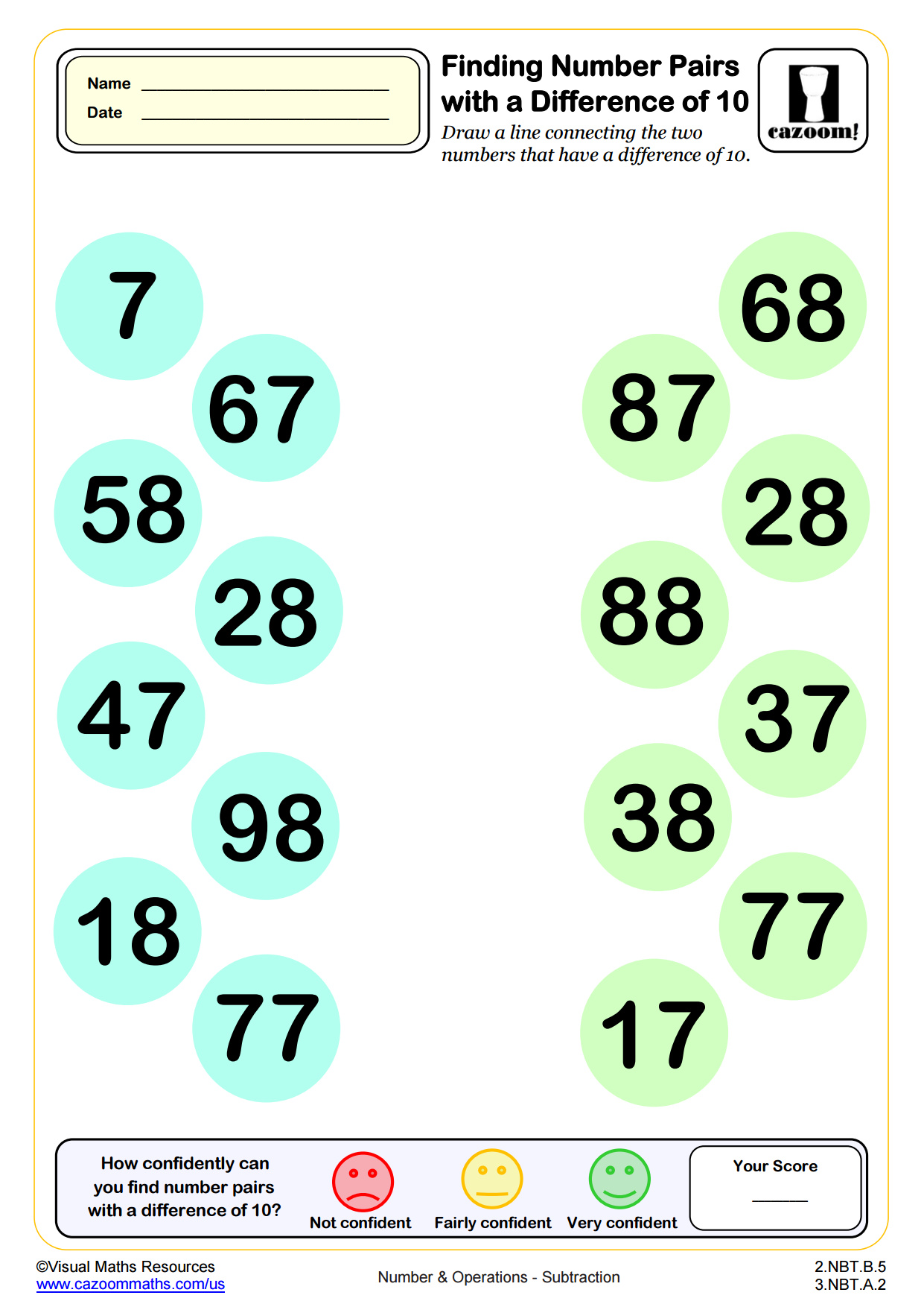 Find Number Pairs with a Difference of 10 | PDF printable Number and ...