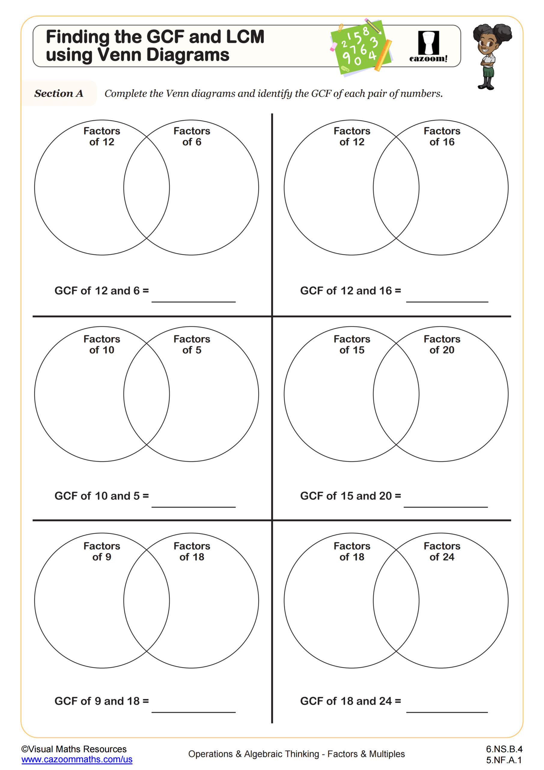 Finding the GCF and LCM using Venn Diagrams Worksheet | Fun and ...