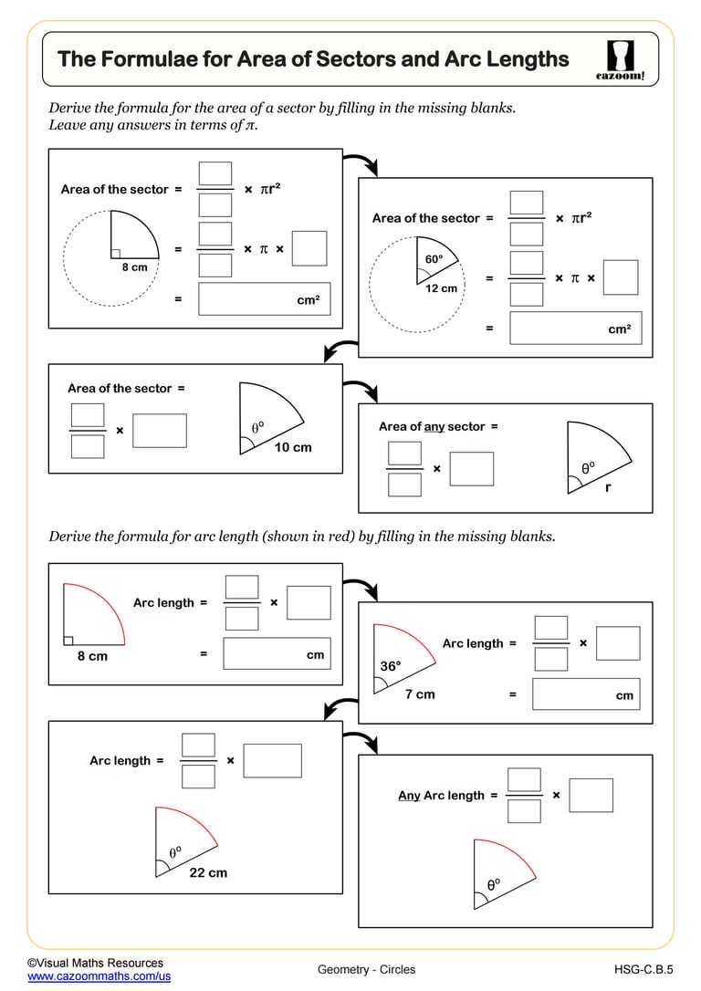 Formula for Area of Arc Length & Sectors Worksheet | PDF Printable ...
