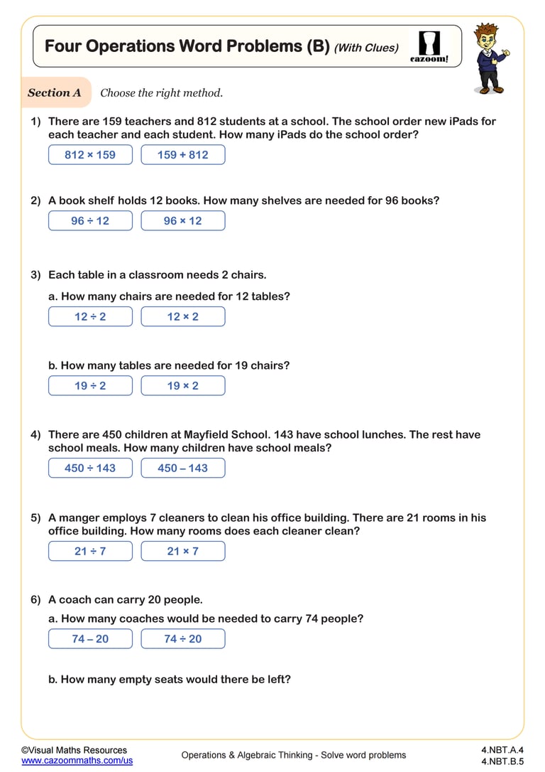 Four Operations Word Problems (A) (With Clues) Worksheet | 4th Grade ...