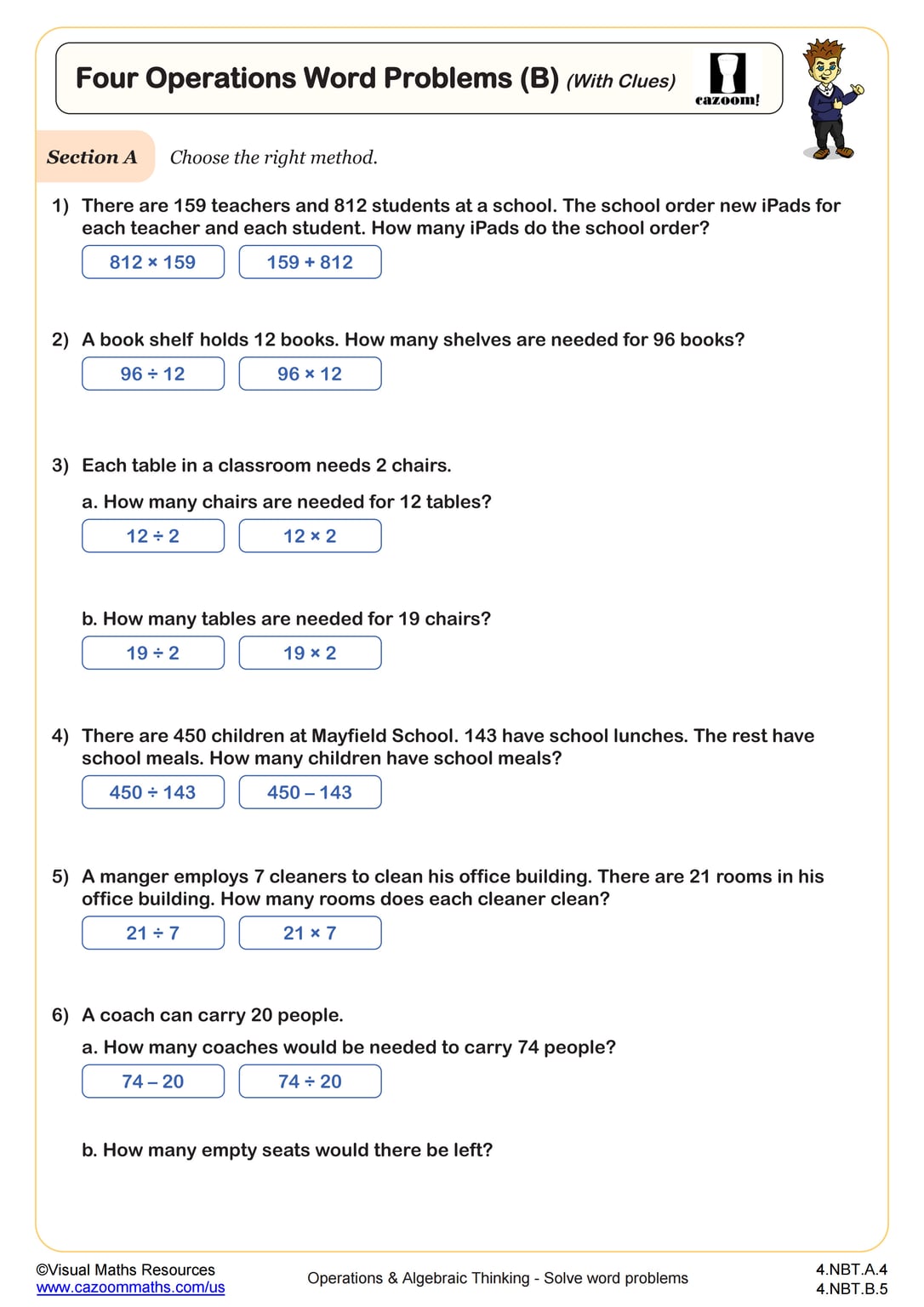 Four Operations Word Problems (B) (With Clues) Worksheet | Fun and ...
