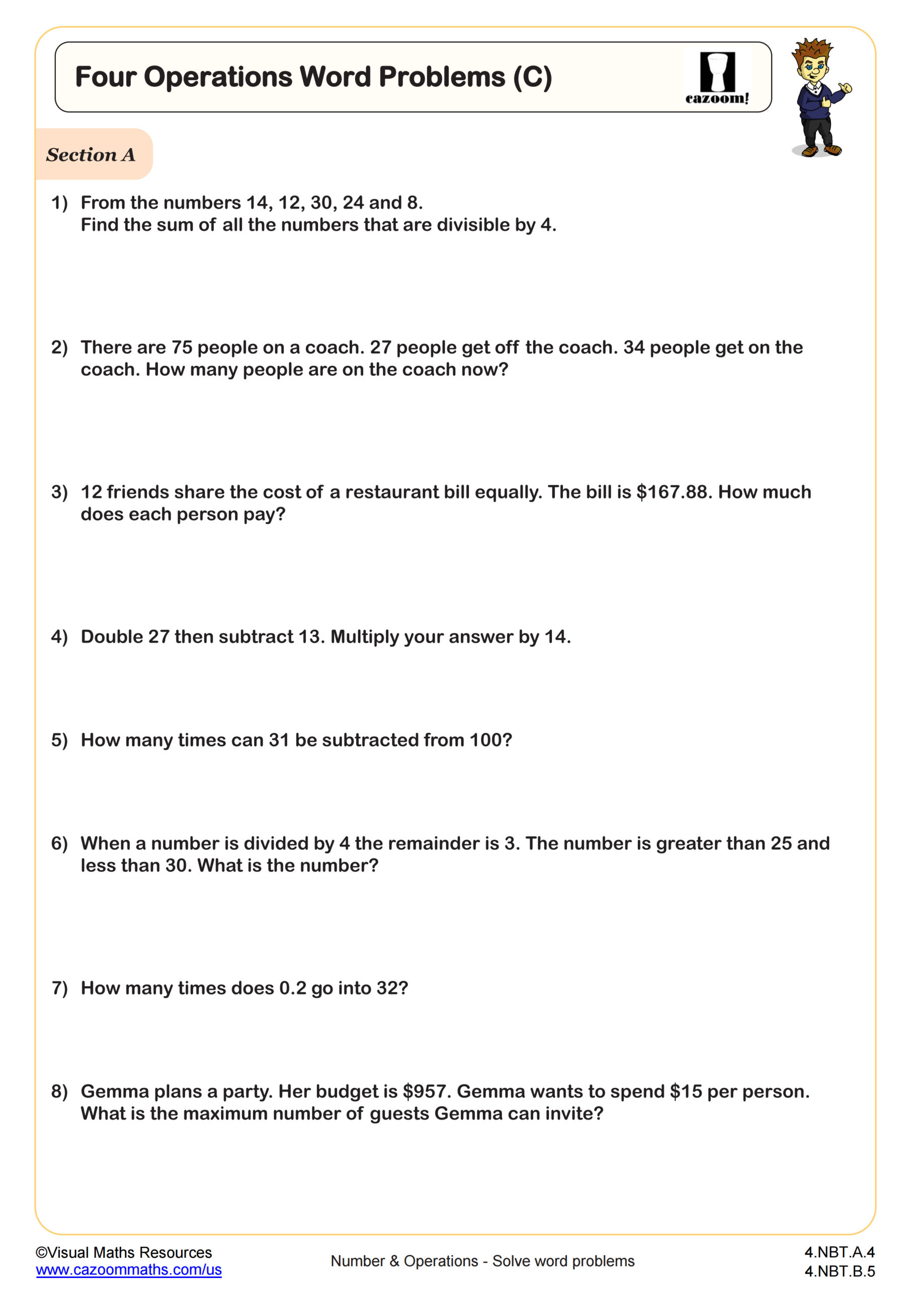 Four Operations Word Problems (C) Worksheet | PDF Printable Number ...