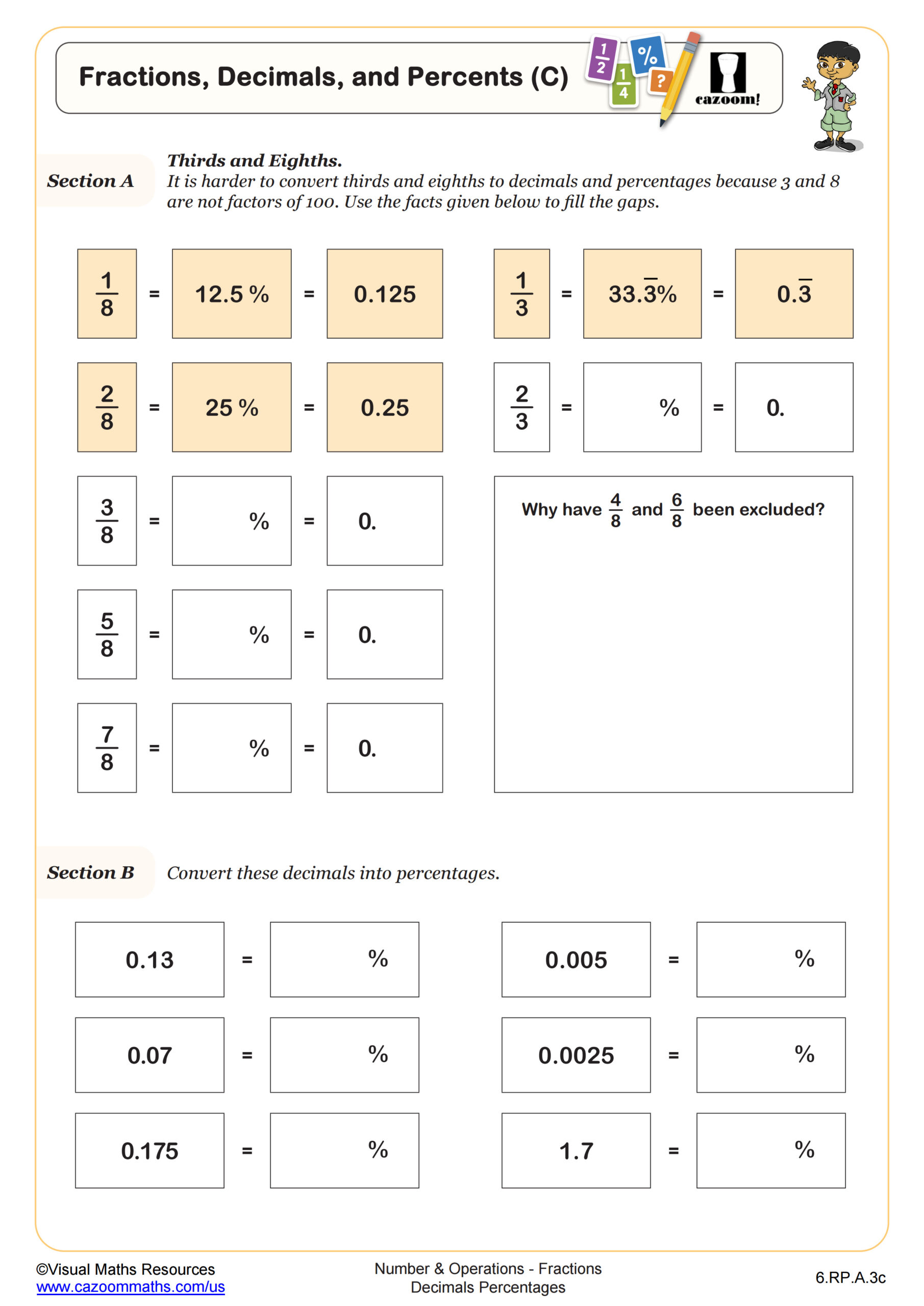 Fractions, Decimals, and Percents (C) Worksheet | 6th Grade PDF ...