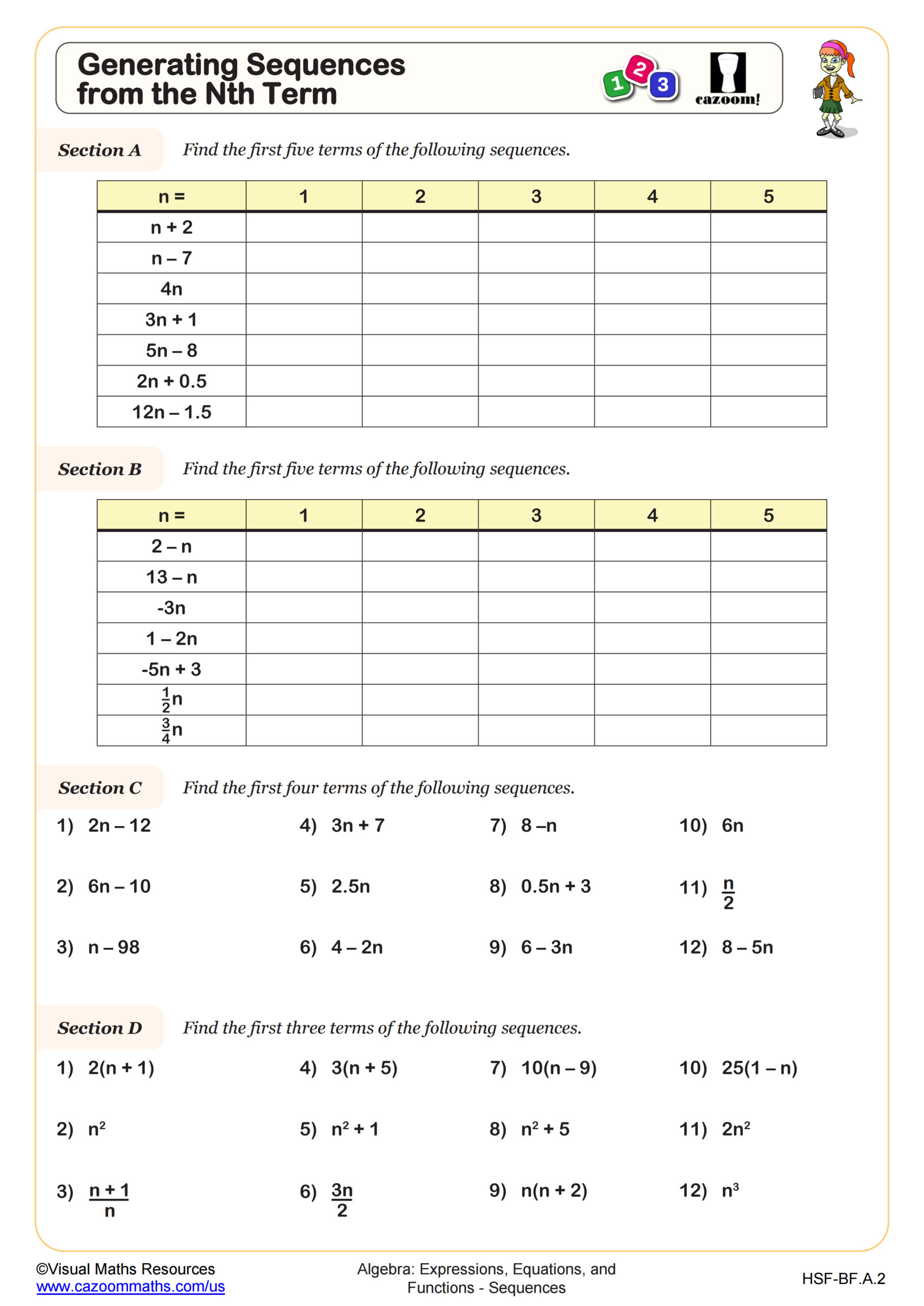 Writing Sequences Worksheet | Algebra II PDF Worksheets | Cazoom Math