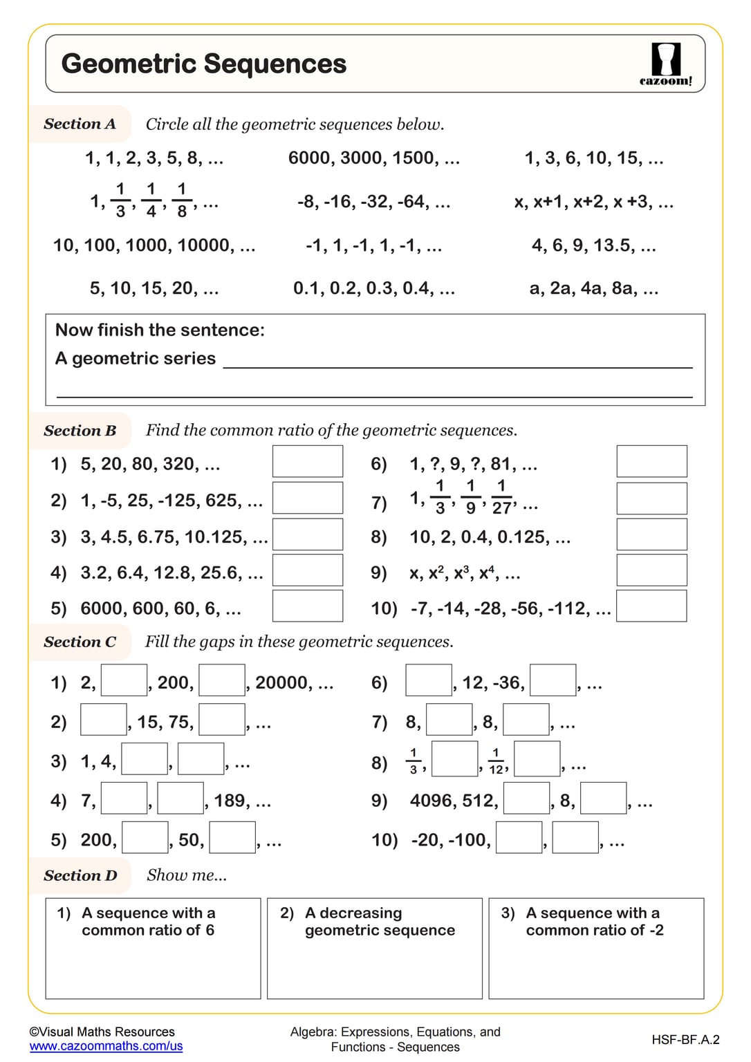 Geometric Sequences Worksheet | PDF Printable Algebra Worksheet