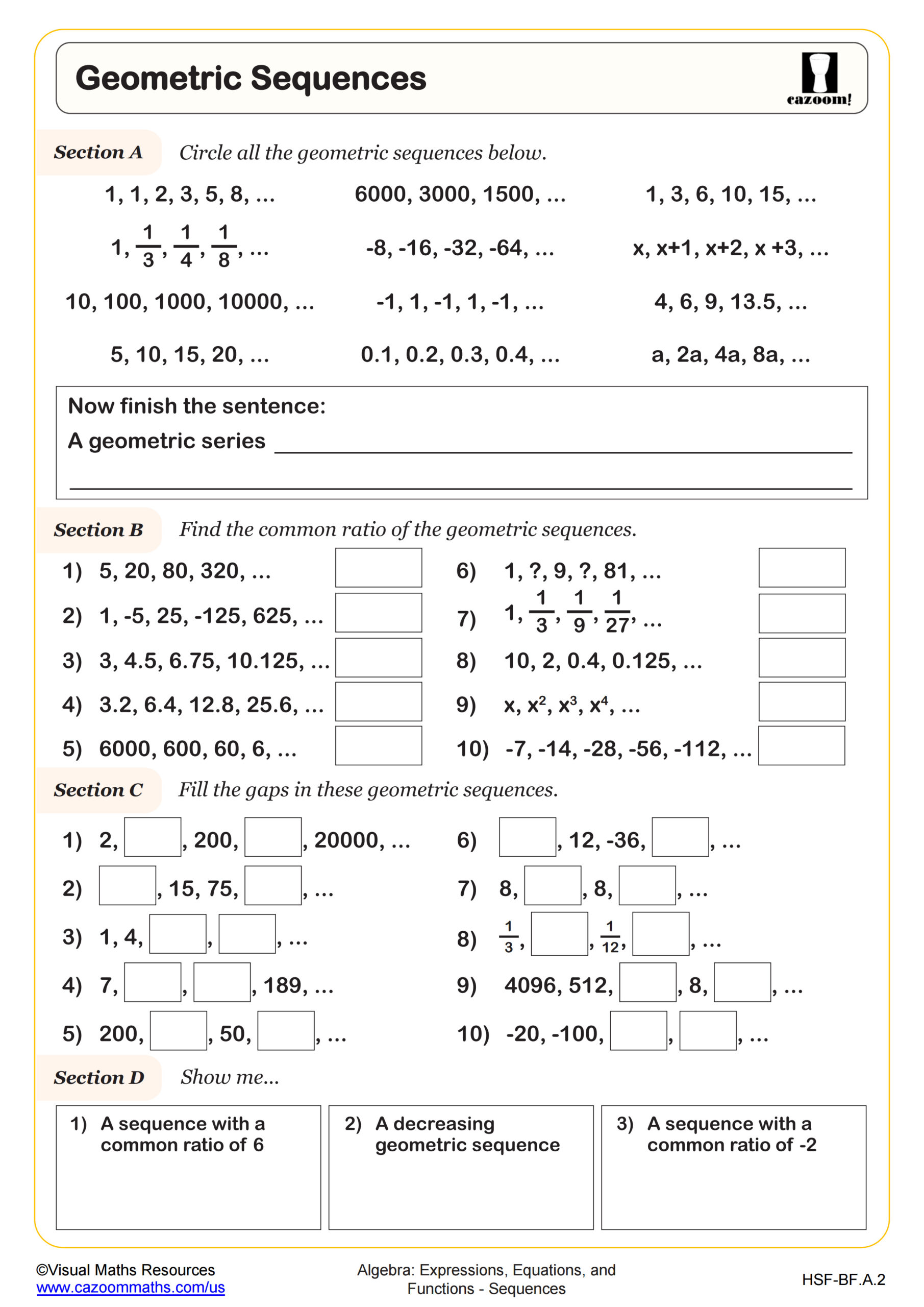 Algebra II Sequences Worksheets | PDF Printable | Cazoom Math