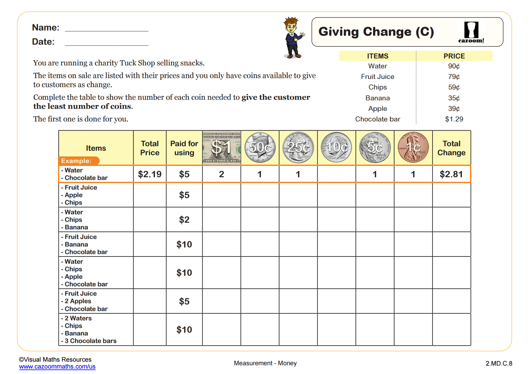 Giving Change (C) | PDF printable Measurement and Data Worksheets