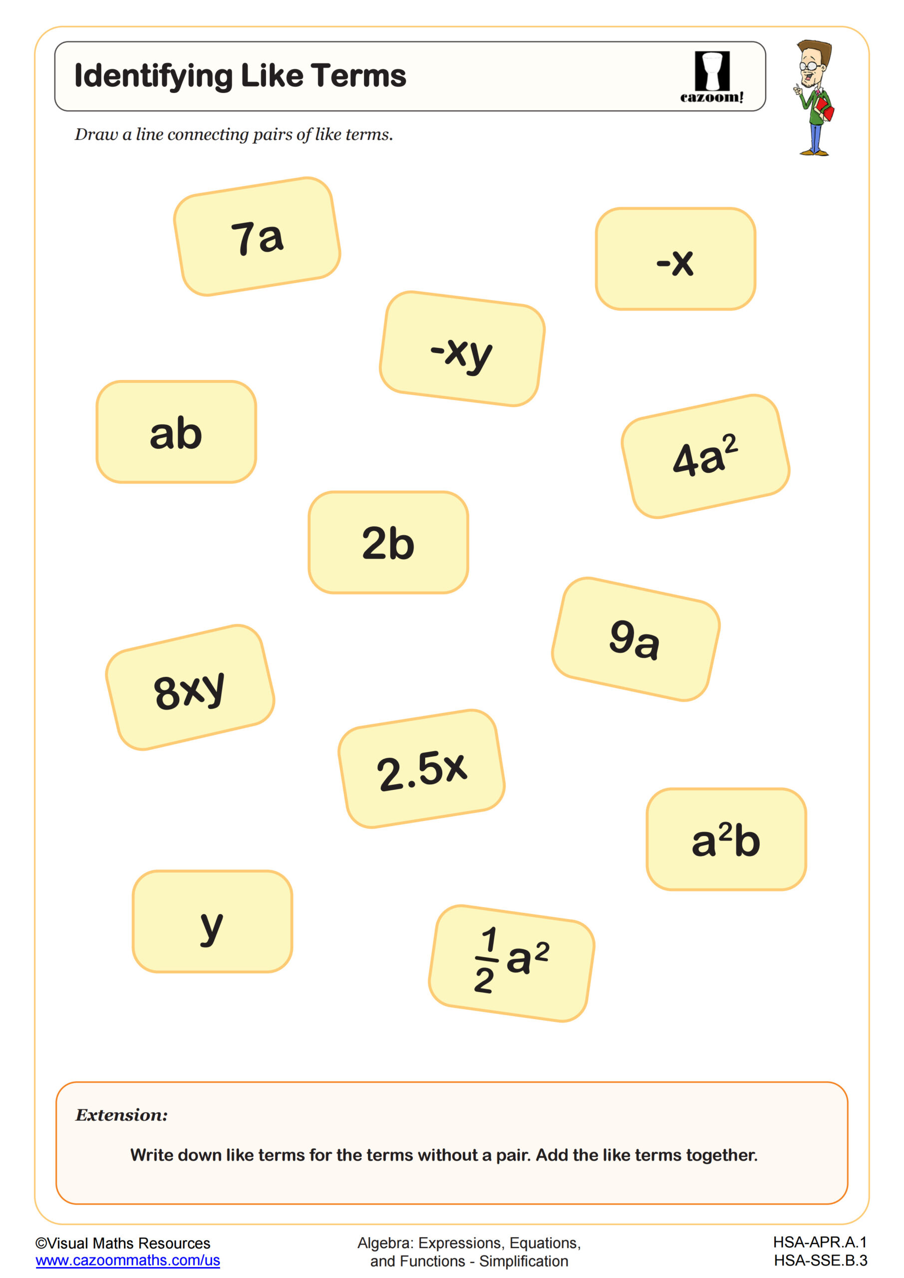 Identifying Like Terms Worksheet | Algebra I PDF Worksheets | Cazoom Math
