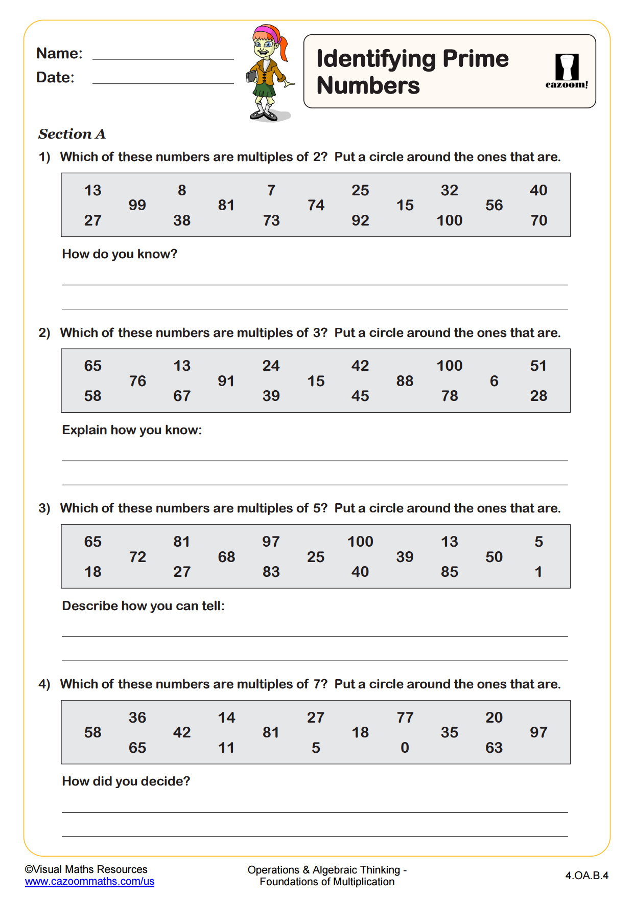 Identifying Prime Numbers | Fun and Engaging 4th Grade PDF Worksheets