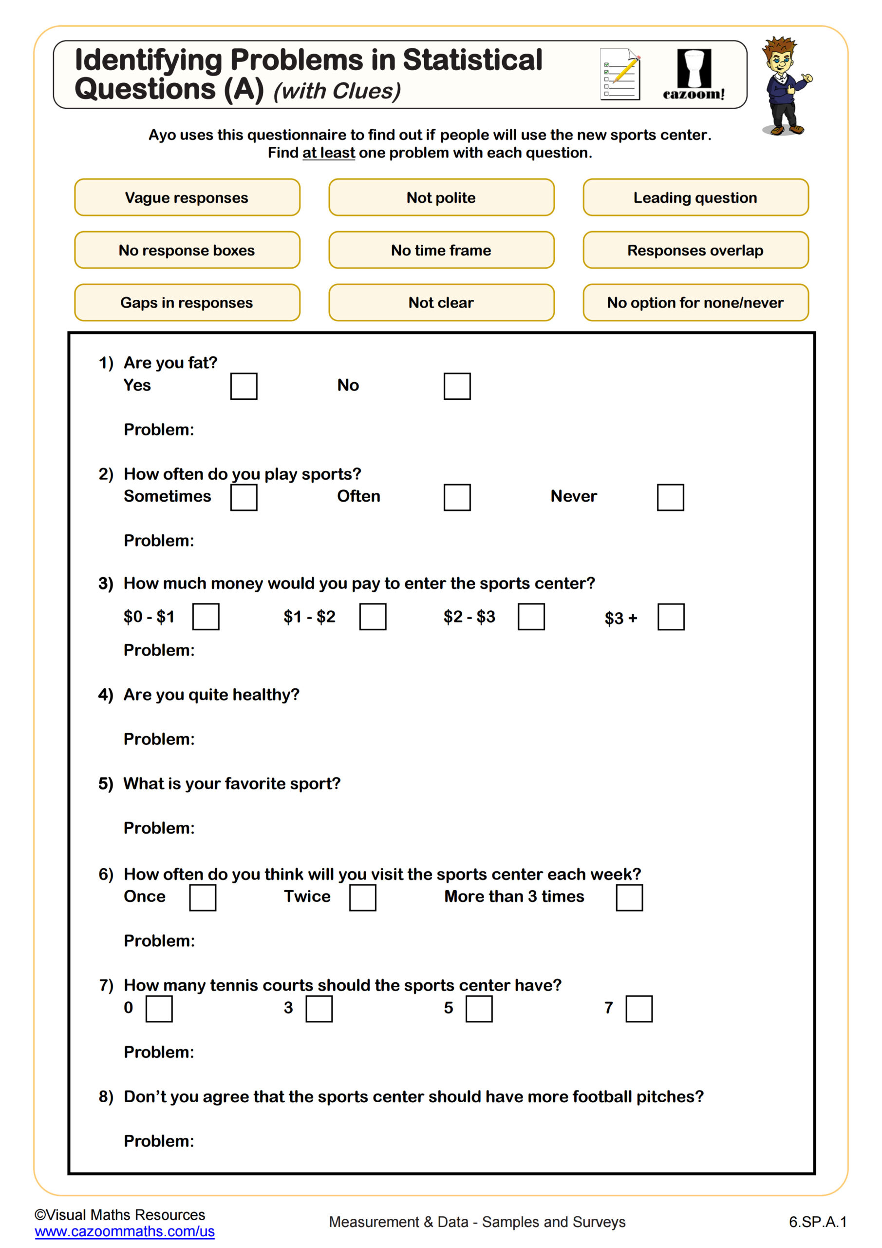 Identifying Problems In Statistical Questions A Worksheet Fun And Engaging 6th Grade Pdf