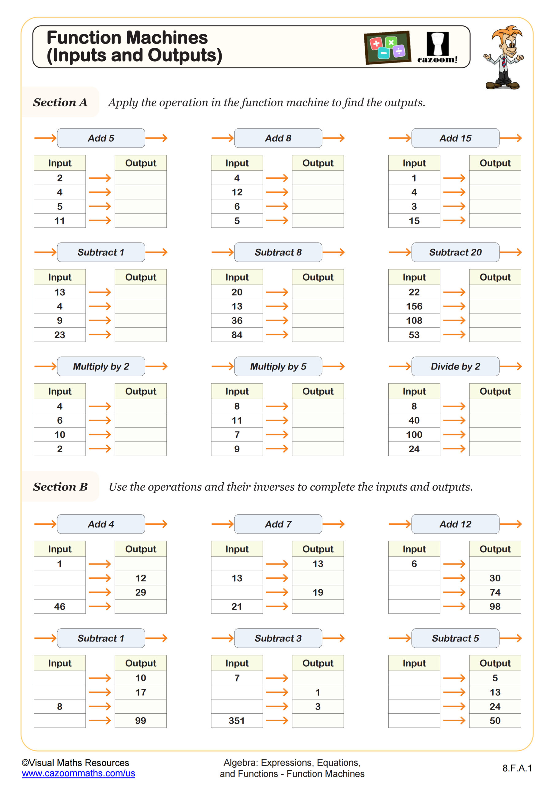 Function Machines (Inputs and Outputs) Worksheet | 8th Grade PDF ...