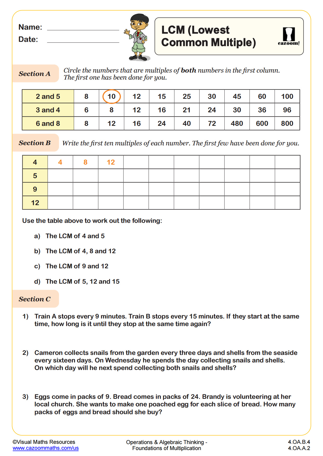 LCM (Lowest Common Multiple) | PDF printable Operations and Algebraic ...