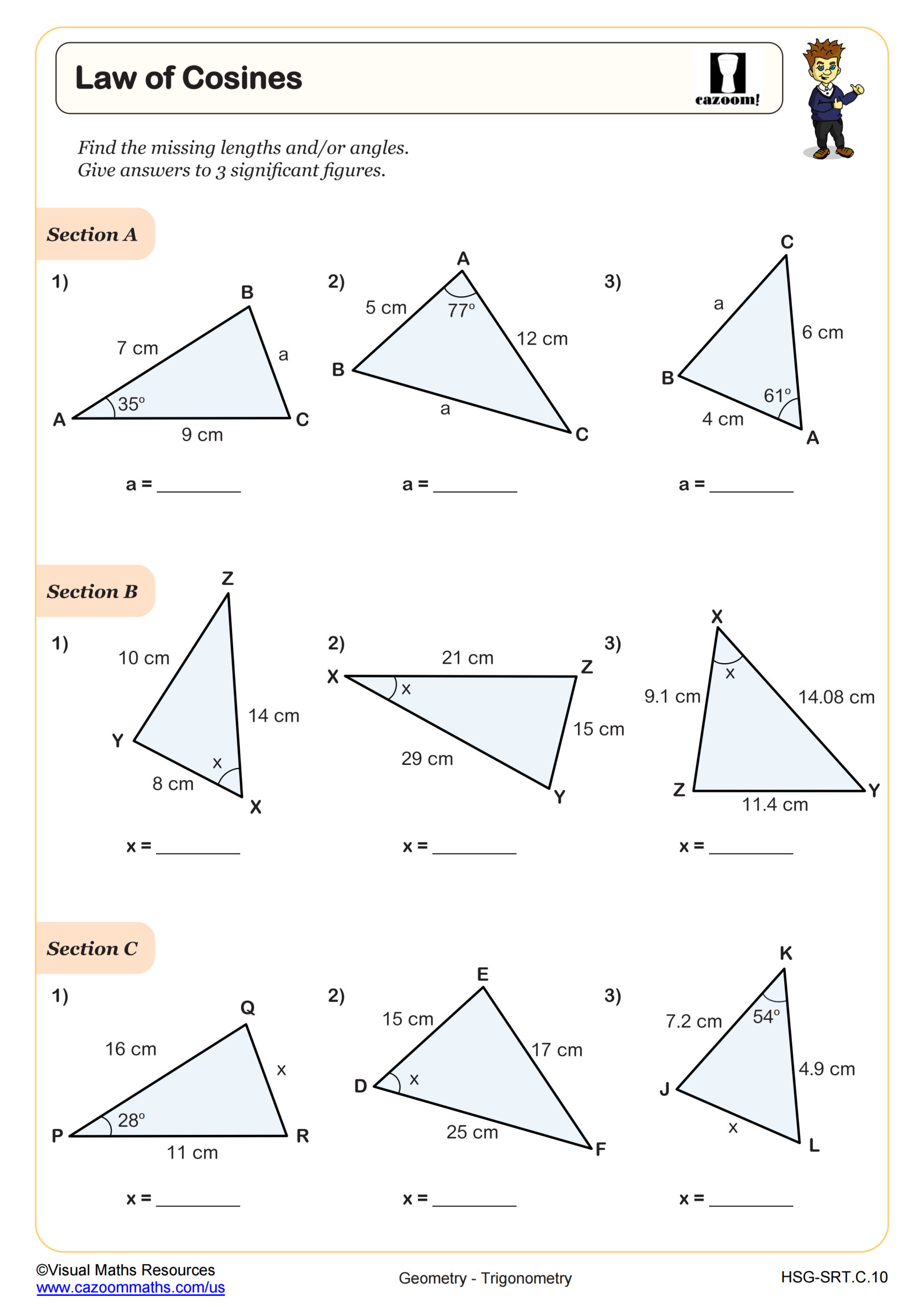 Law of Cosines Worksheet | Algebra II PDF Worksheets | Cazoom Math