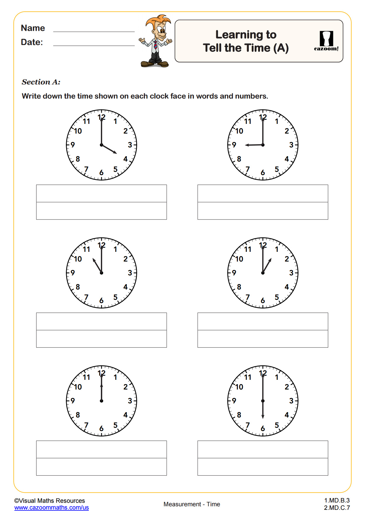 Learning to Tell the Time (A) | PDF printable Measurement Worksheets