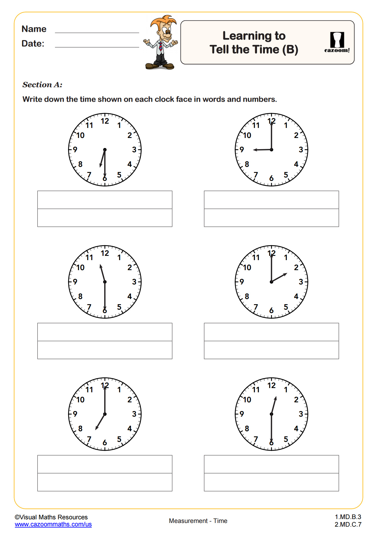 Learning to Tell the Time (B) | Fun and Engaging 1st Grade PDF Worksheets