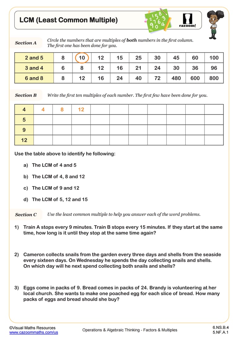 Least Common Multiple (LCM) Worksheet | 6th Grade PDF Worksheets