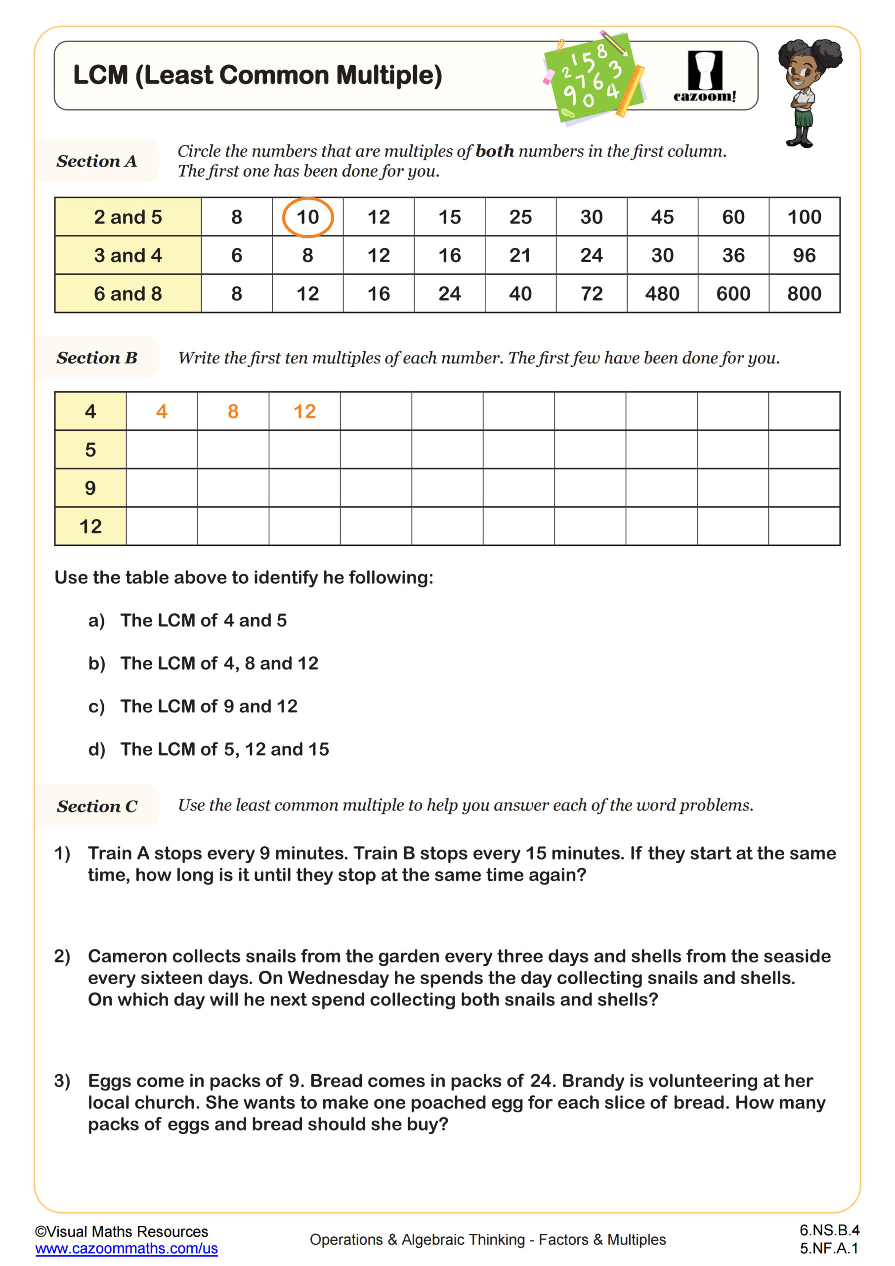 Least Common Multiple (LCM) Worksheet | 6th Grade PDF Worksheets ...