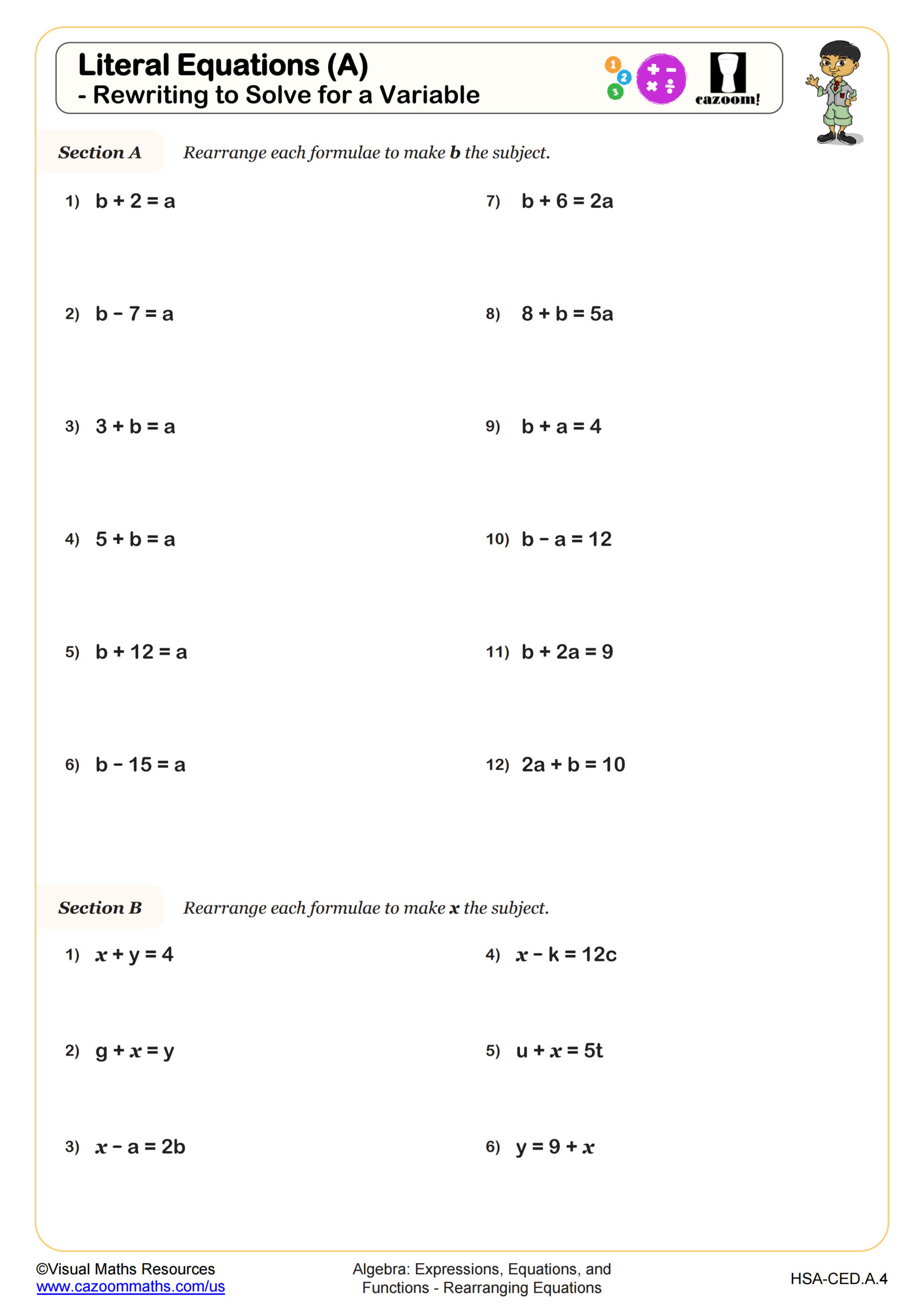 Literal Equations (D) - Rearranging Formula Worksheet | Algebra I PDF ...