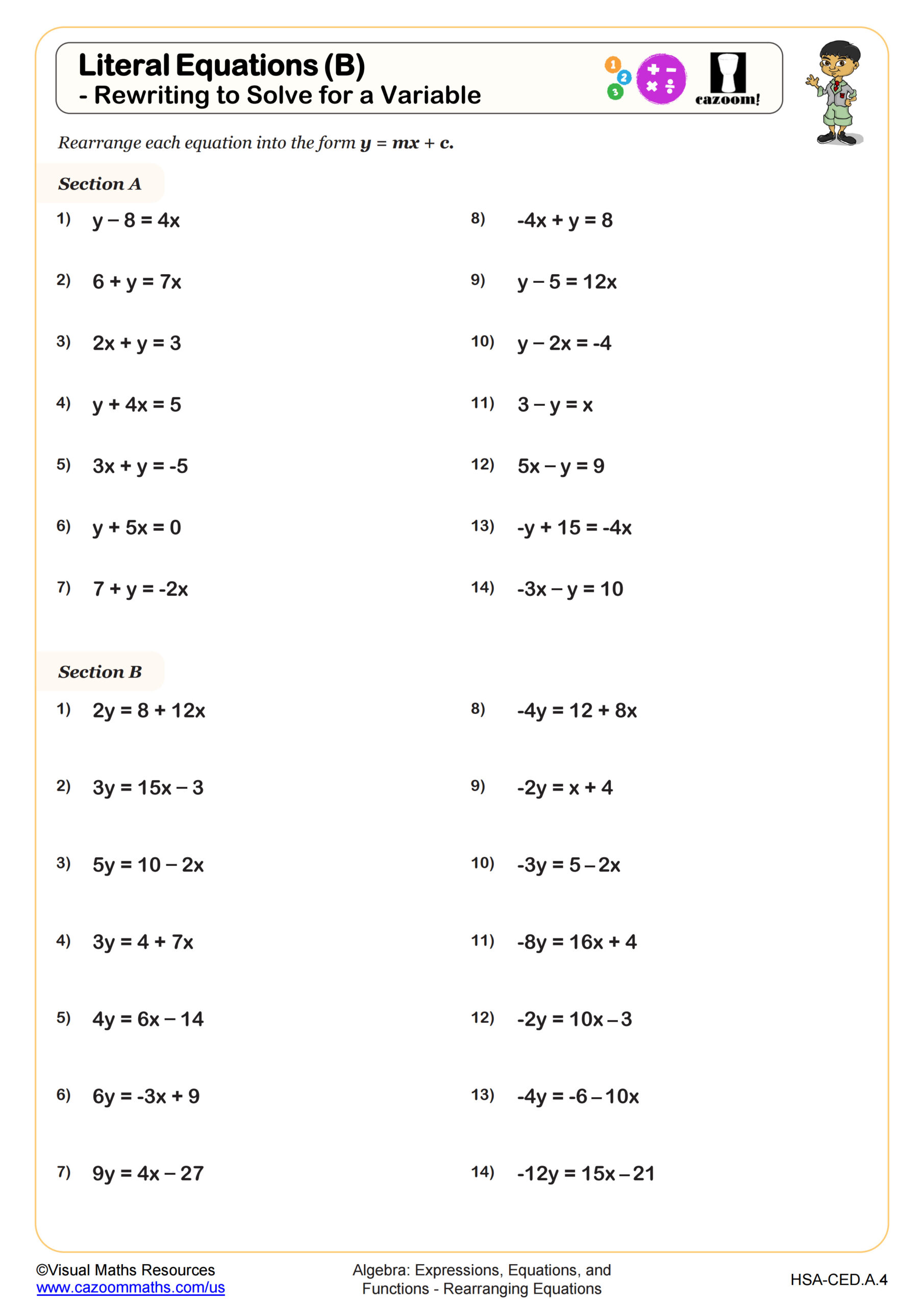 Literal Equations (D) - Rearranging Formula Worksheet | Algebra I PDF ...