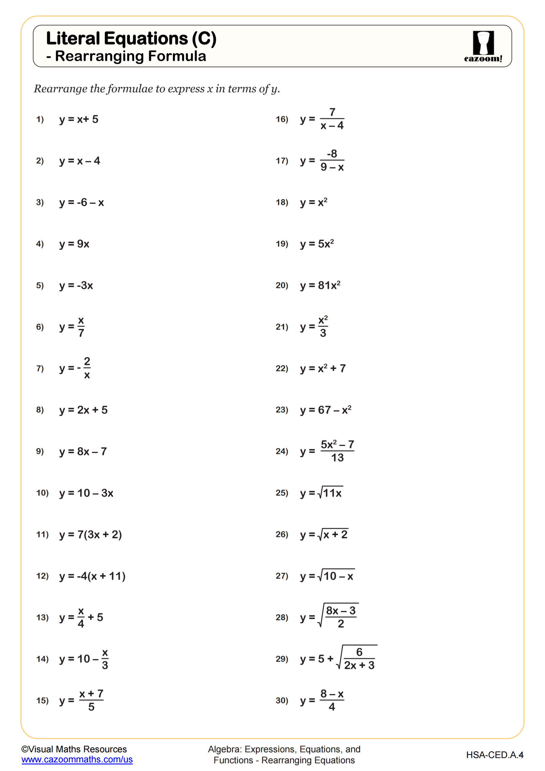 Literal Equations (D) - Rearranging Formula Worksheet | Algebra I PDF ...