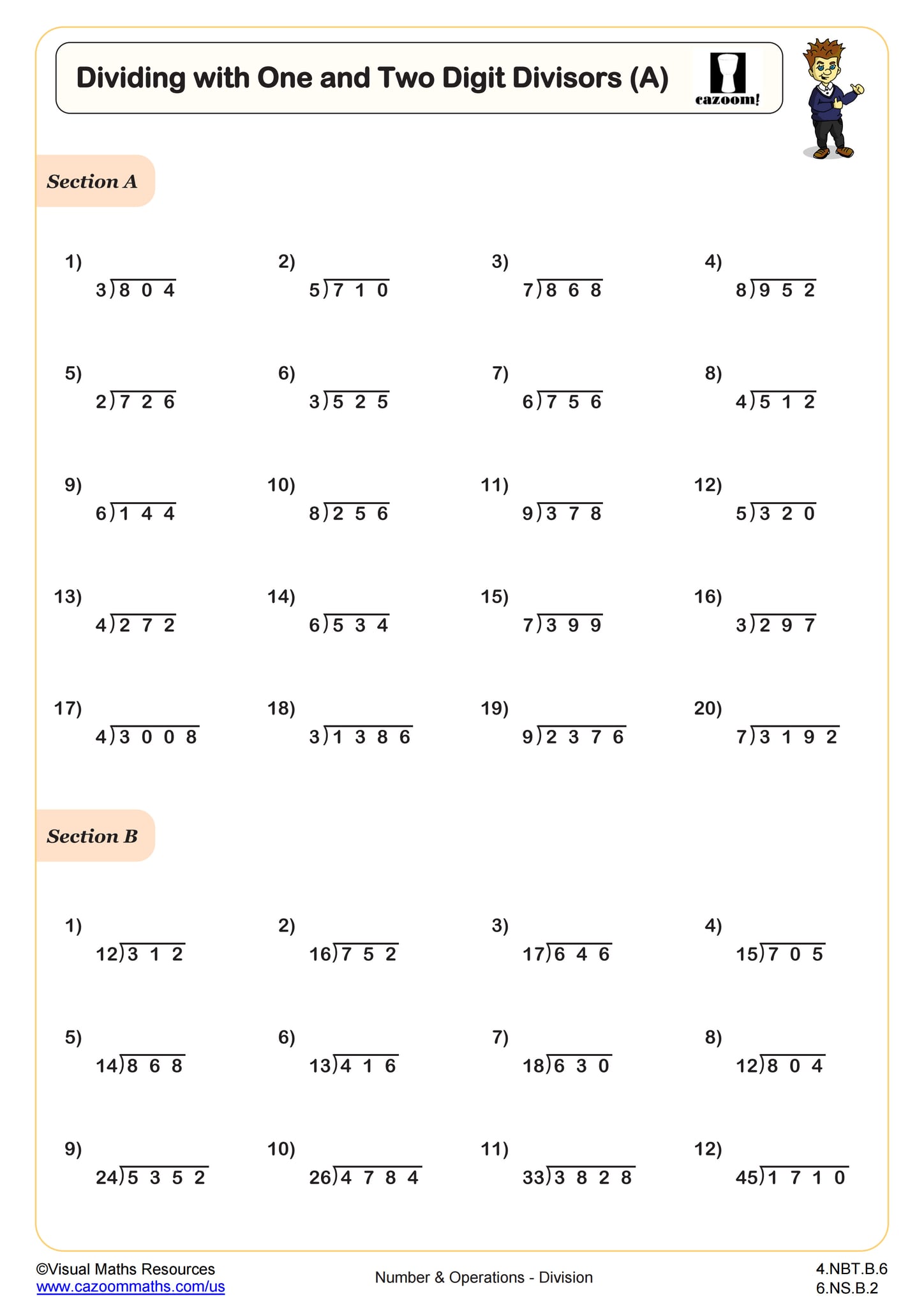 Dividing with One and Two Digit Divisors (B) Worksheet | 4th Grade PDF ...
