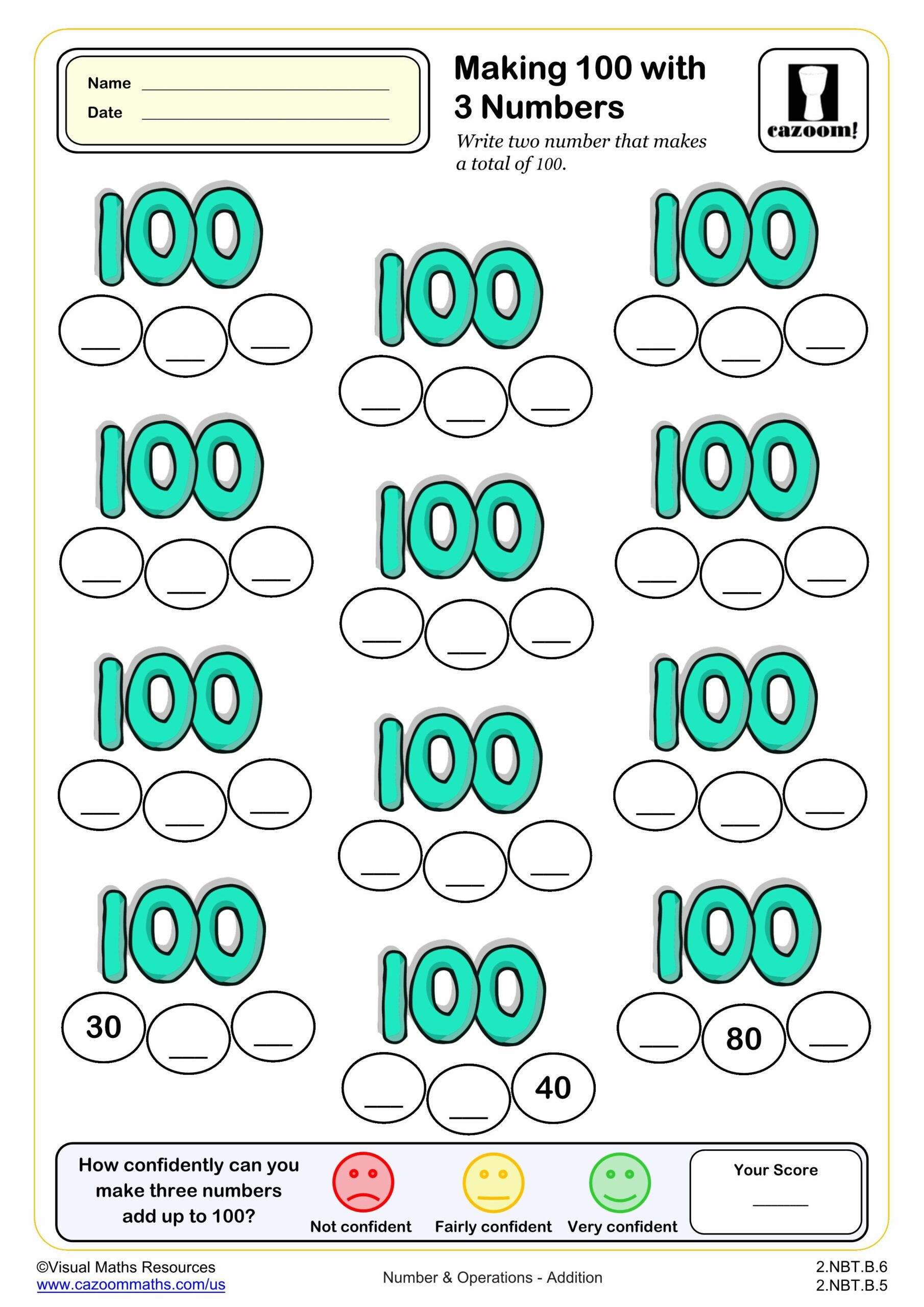 Making 100 with 2 numbers (blanks) | PDF printable Addition Worksheets ...