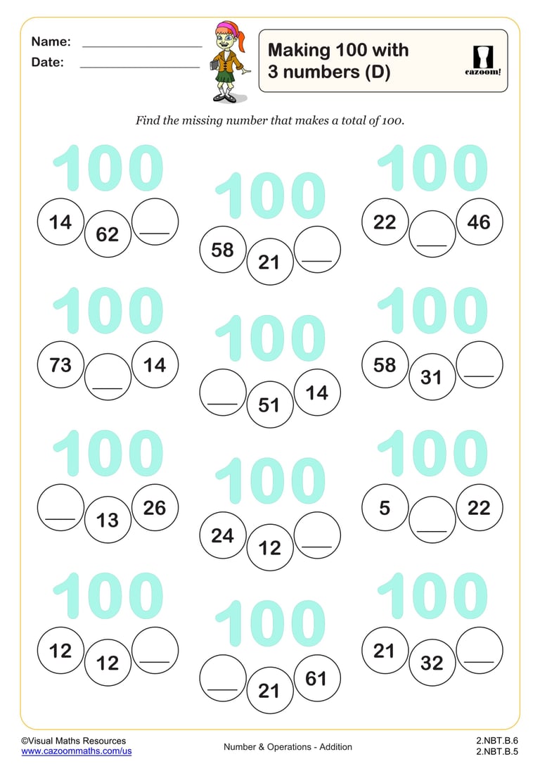 Making 100 with 3 numbers (D) (no regrouping) | 2nd Grade PDF Addition ...