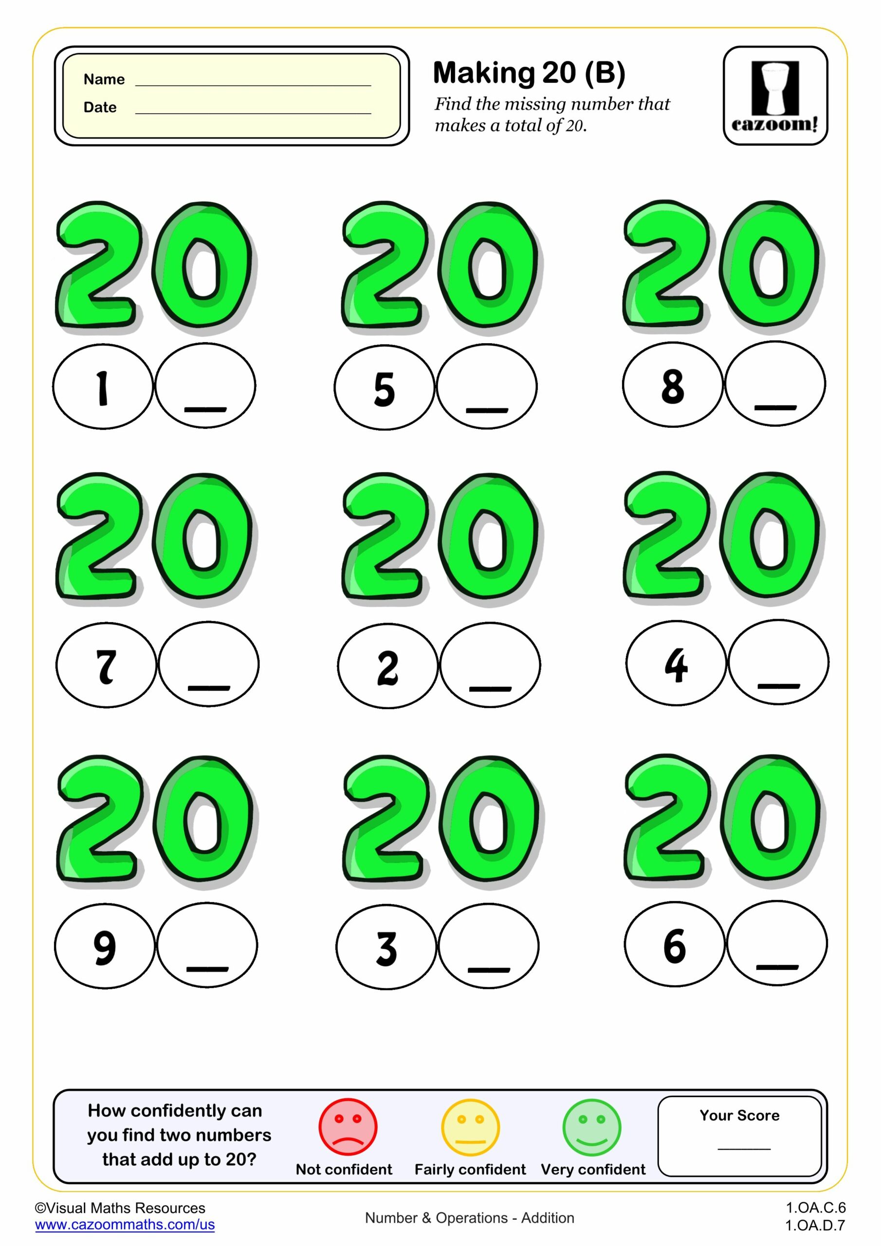 Making 20 (A) | 1st Grade PDF Addition Worksheets | Cazoom Math