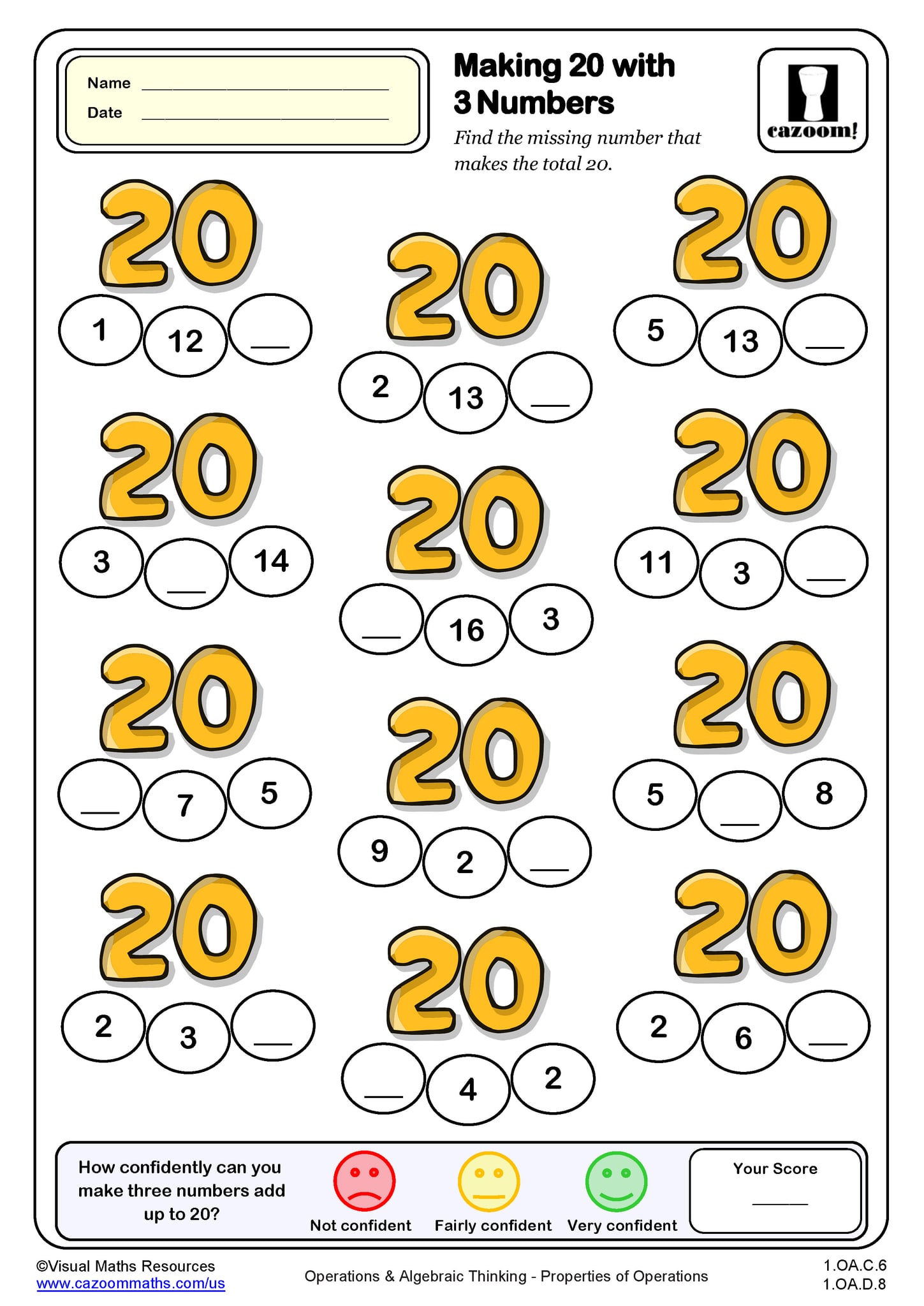 Making 20 with three numbers | PDF printable Addition Worksheets