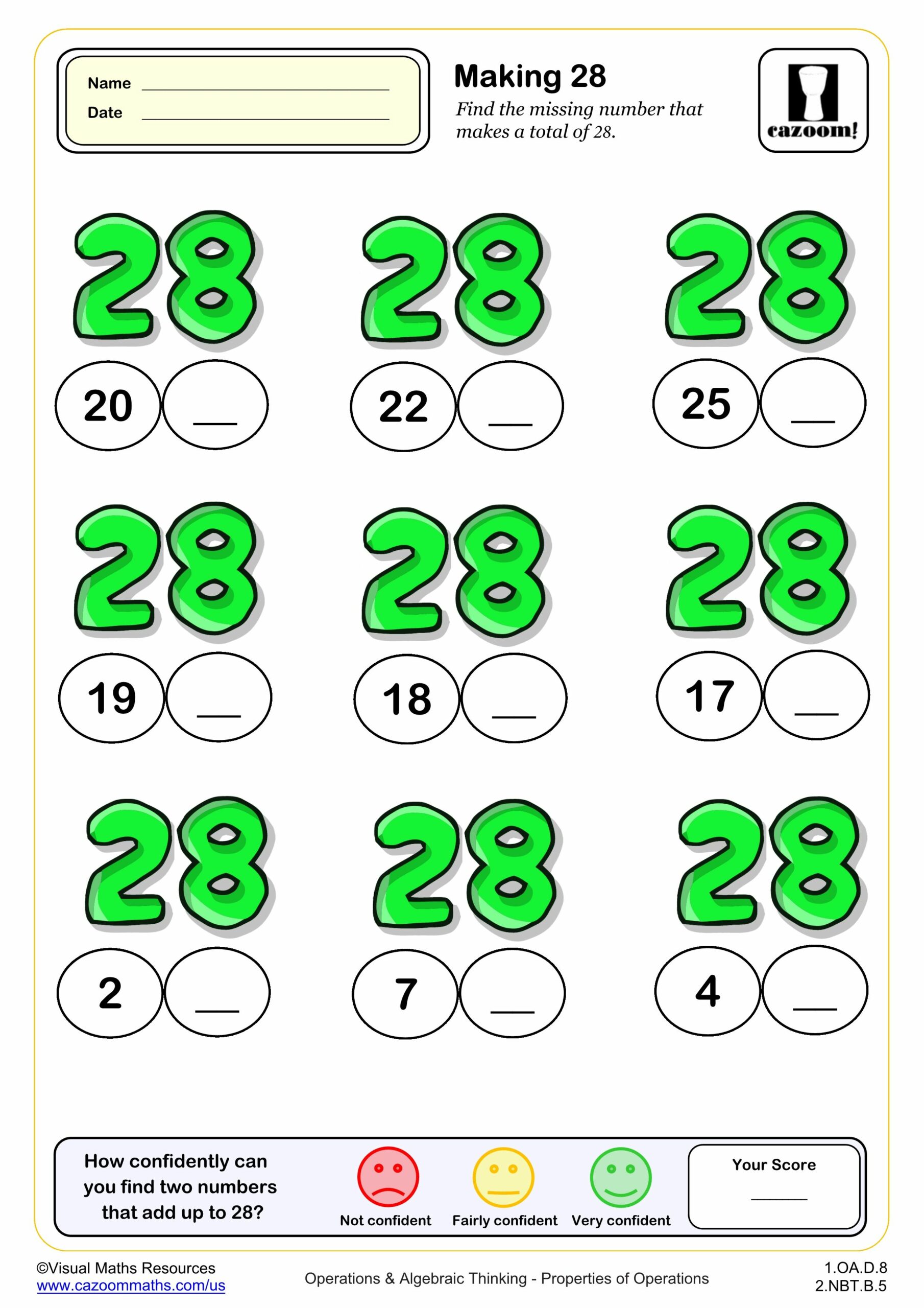 Making 28 | PDF printable Addition Worksheets | Cazoom Math