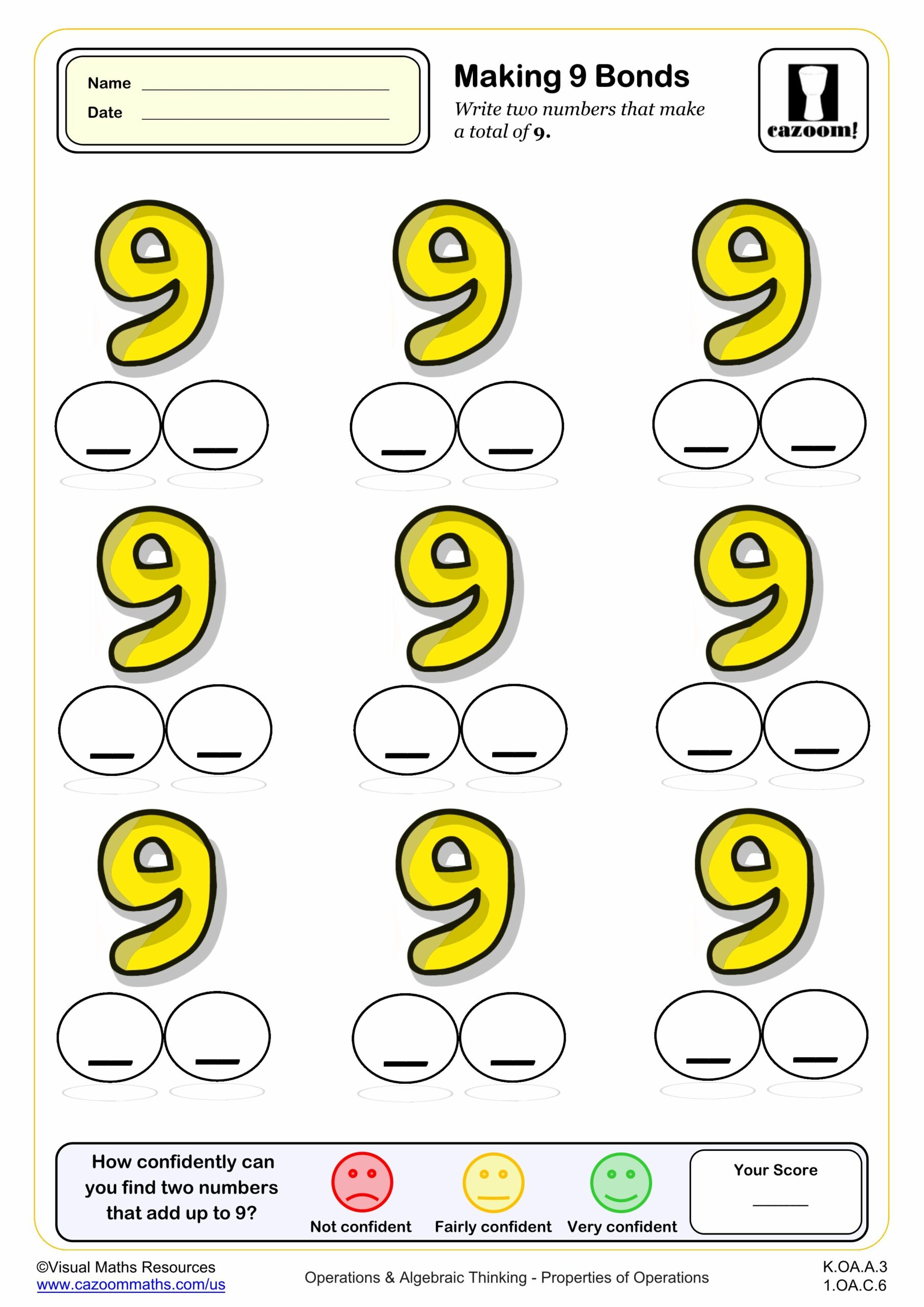 Making 9 (BONDS) | PDF printable Addition Worksheets | Cazoom Math