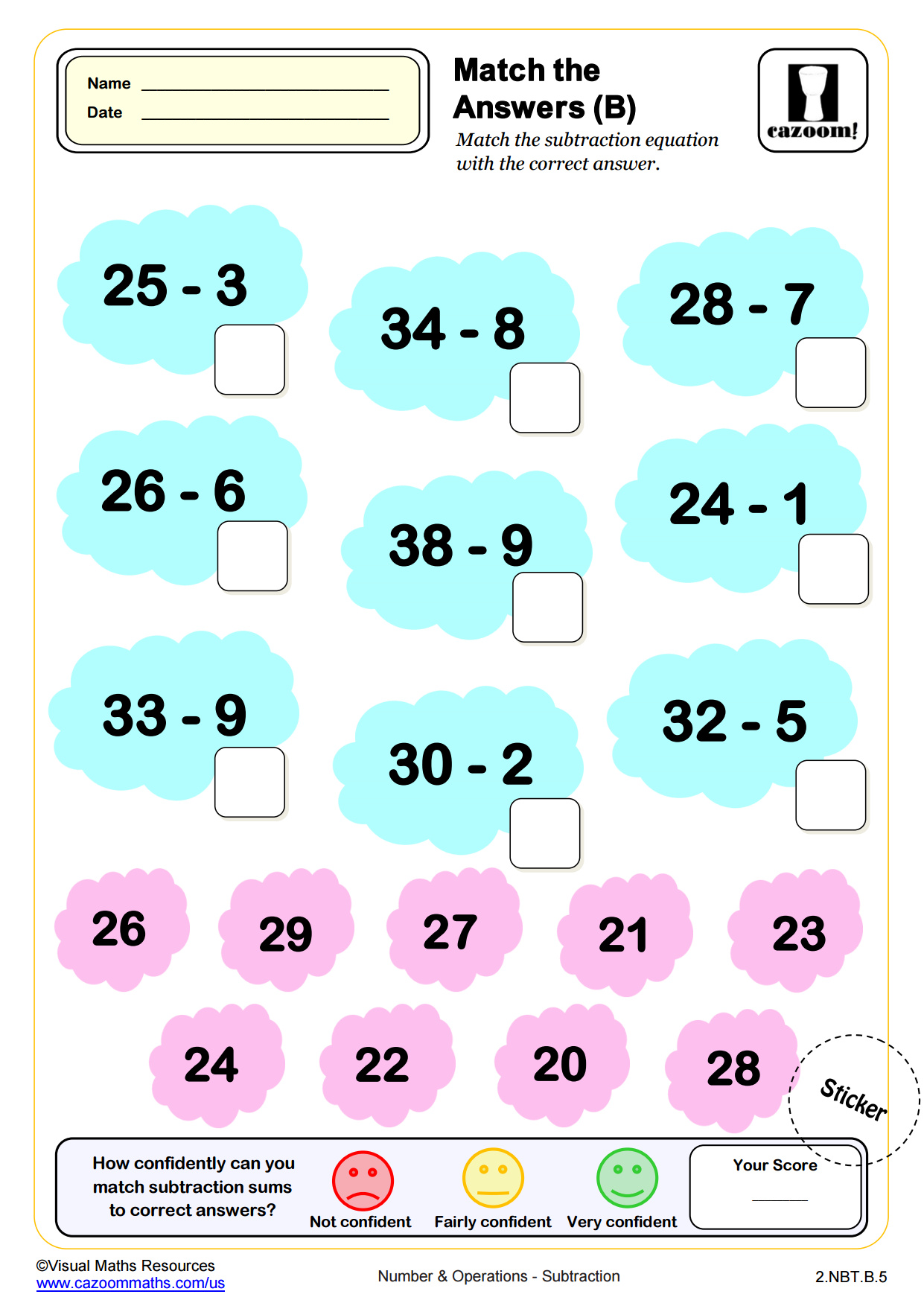 Match the Answers (B) | 2nd Grade PDF Number and Operations Worksheets