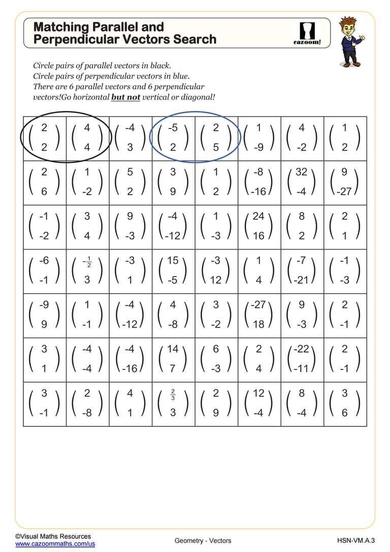 Matching Parallel and Perpendicular Vectors Search Worksheet | PDF Printable Geometry Worksheet