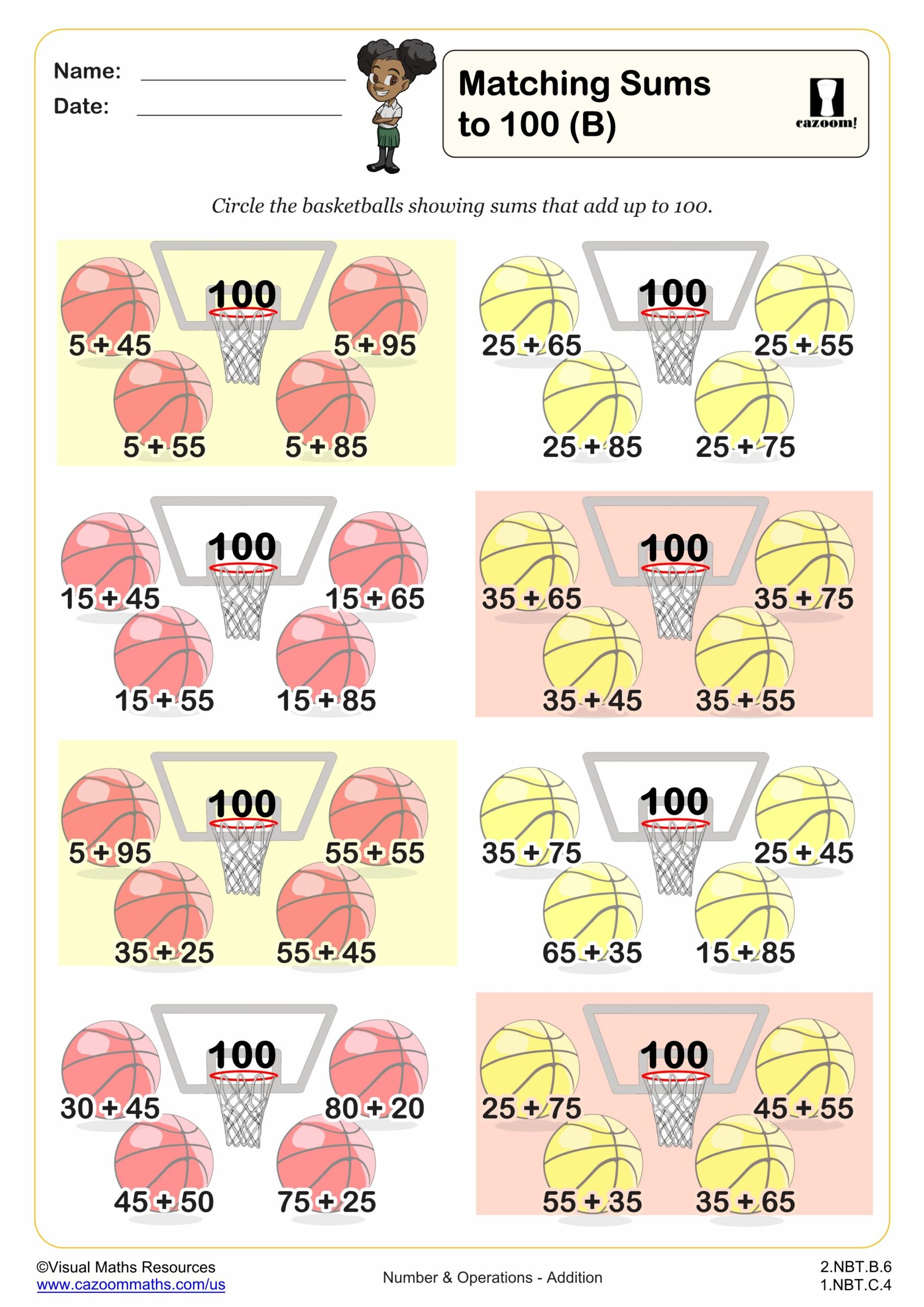 Matching sums to 100 (B) | 2nd Grade PDF Addition Worksheets | Cazoom Math
