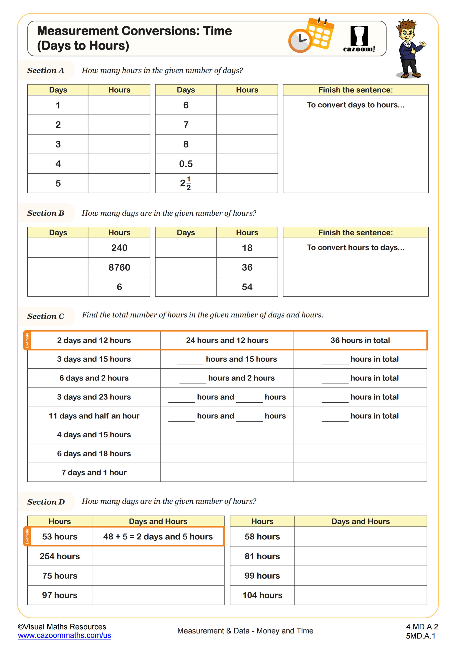 Measurement Conversions: Time (Days to Hours) Worksheet | PDF Printable ...