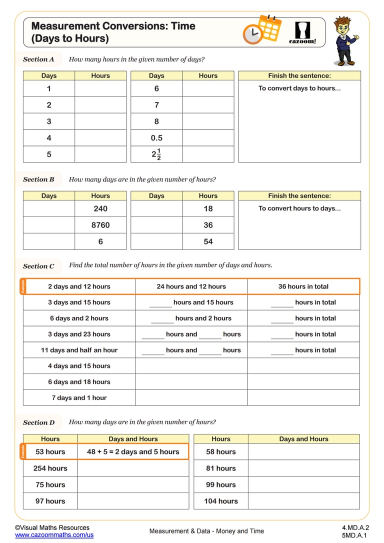 Measurement Conversions: Time - Minutes and Hours (A) Worksheet | Fun ...