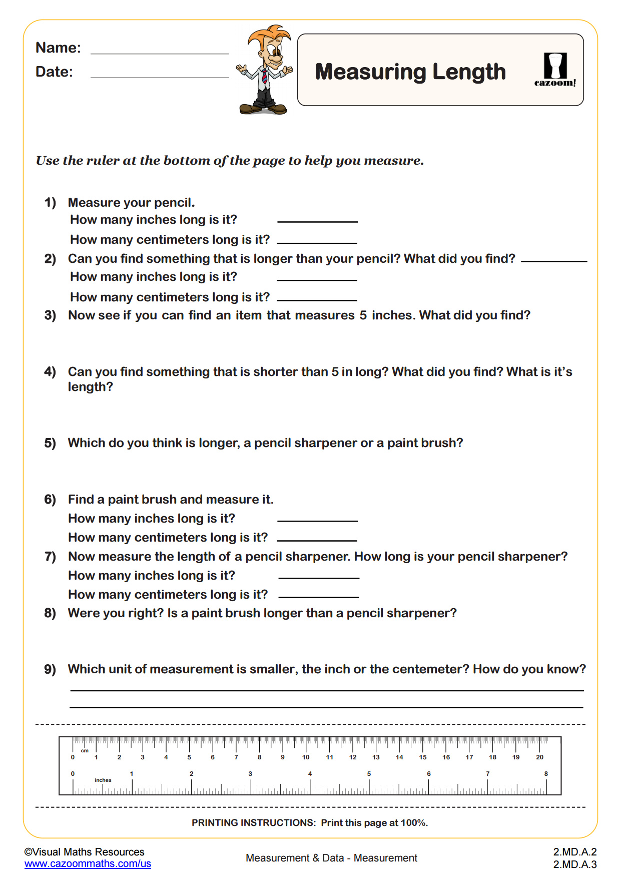 Measuring Length | Fun and Engaging 2nd Grade PDF Worksheets | Cazoom Math