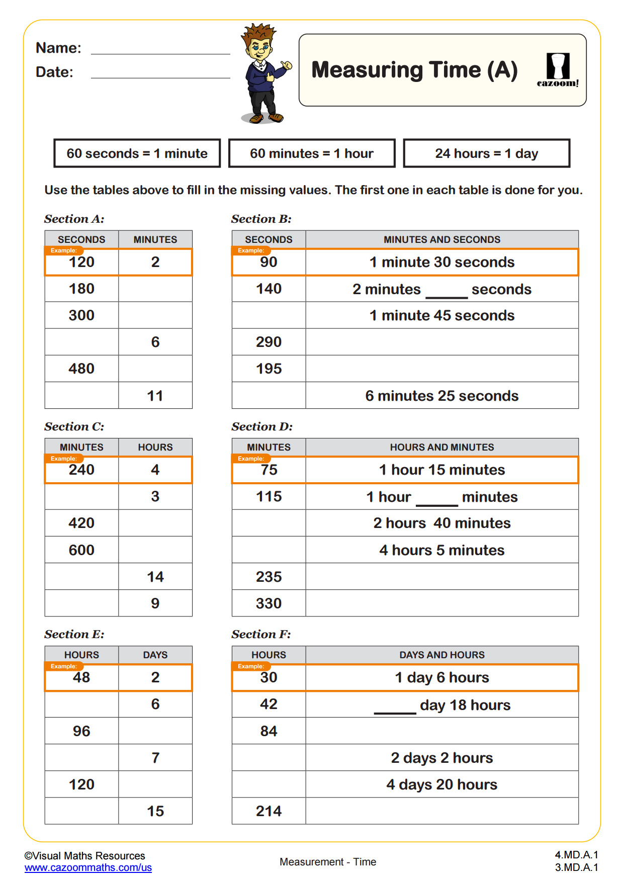 Units of Time (A) | 4th Grade PDF Measurement Worksheets | Cazoom Math