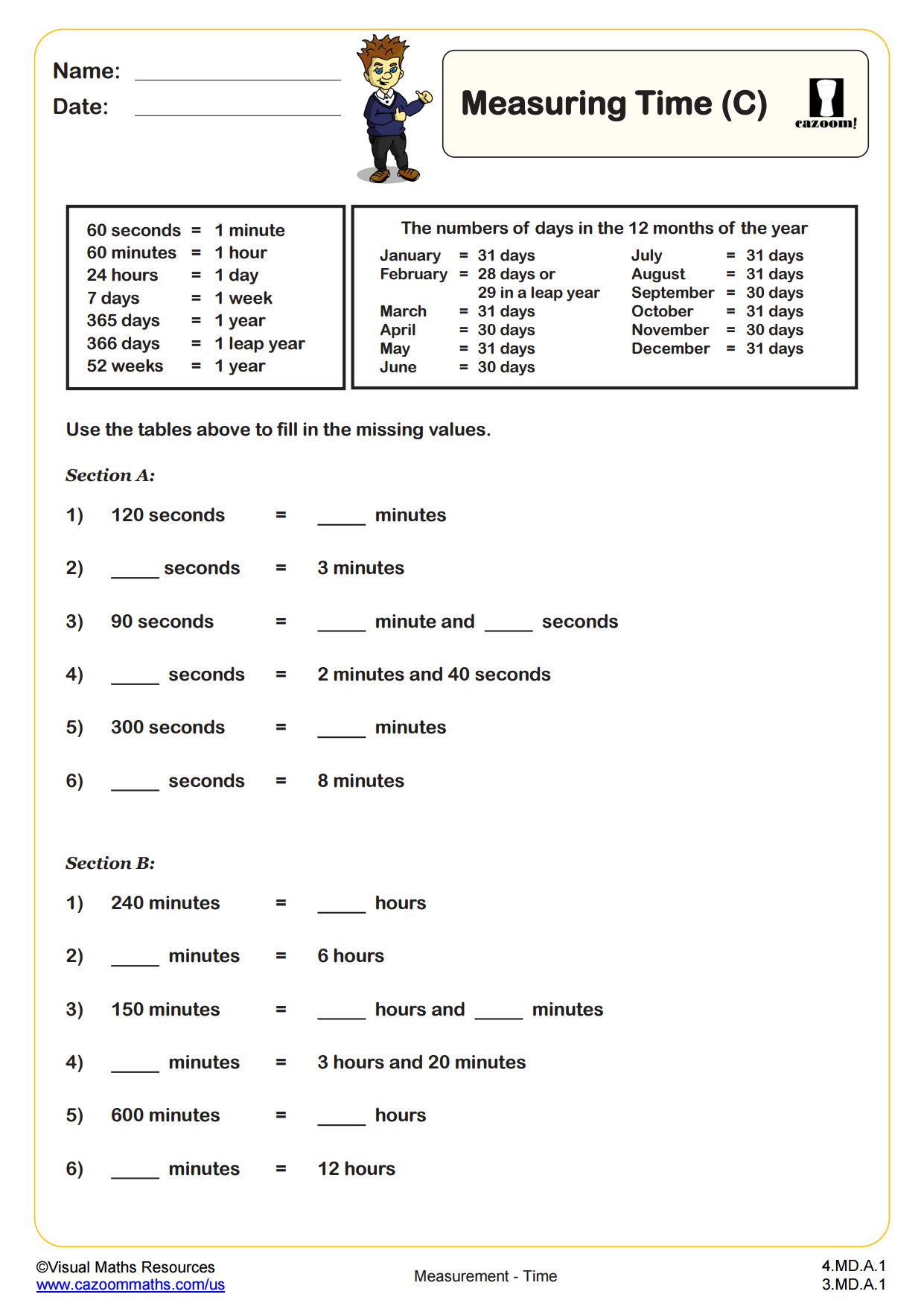 Measuring Time (A) | 4th Grade PDF Measurement Worksheets | Cazoom Math