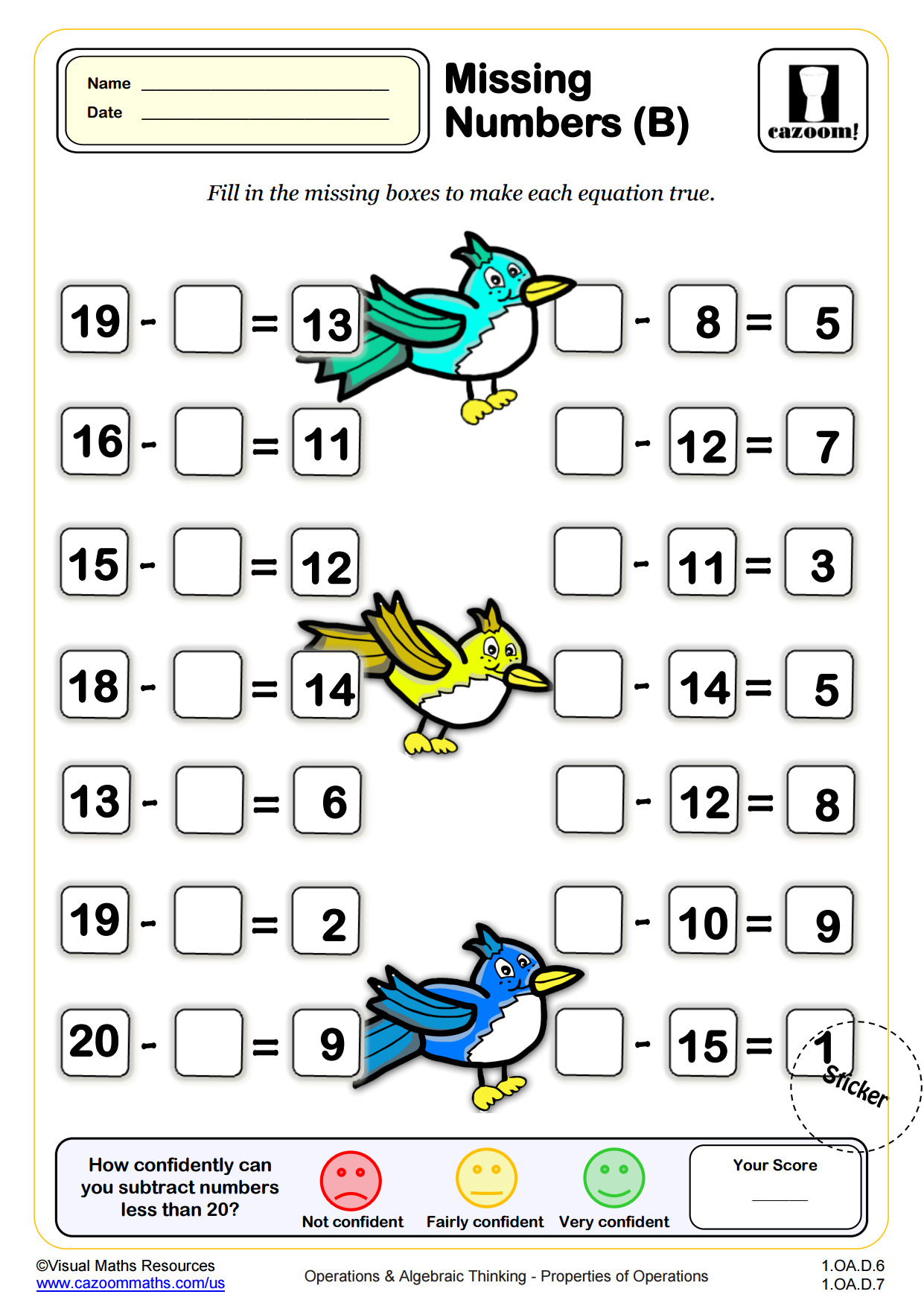 Misisng Gaps (B) (Without a Number Line) | PDF printable Operations and ...