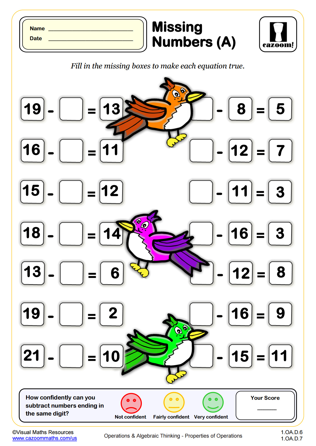 Missing Numbers (A) | 1st Grade PDF Operations and Algebraic Thinking ...