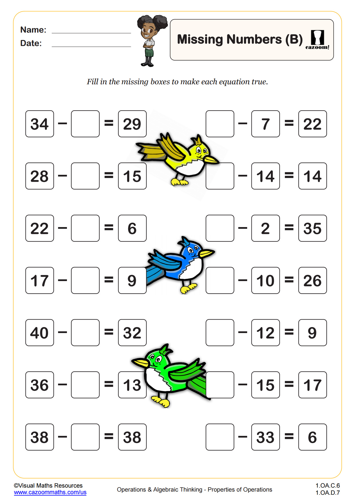 Missing Numbers (A) | 1st Grade PDF Operations and Algebraic Thinking ...
