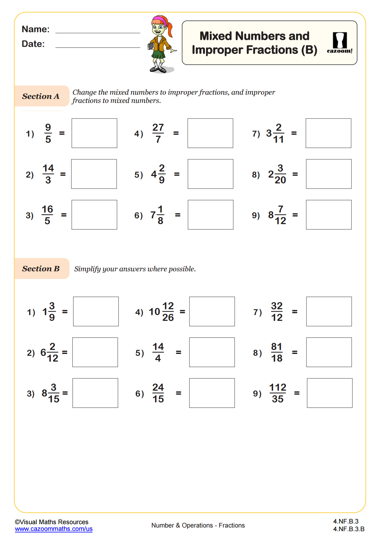 Mixed Numbers & Improper Fractions (B) | 4th Grade PDF Number and ...