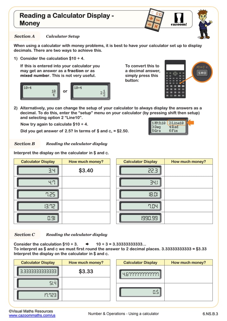 Money on the Calculator Worksheet | PDF Printable Algebra Worksheet