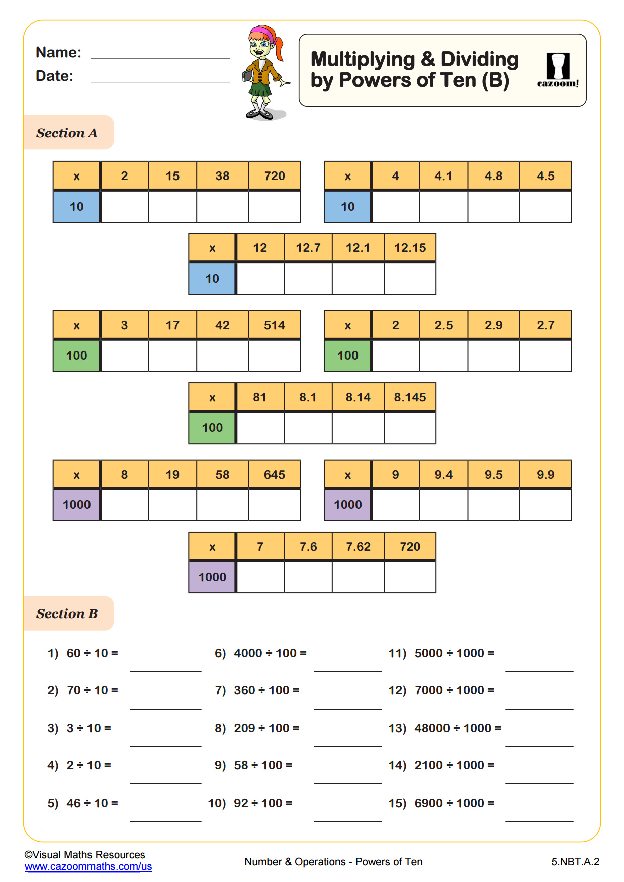Multiplying & Dividing by Powers of Ten (B) | PDF printable Number and ...